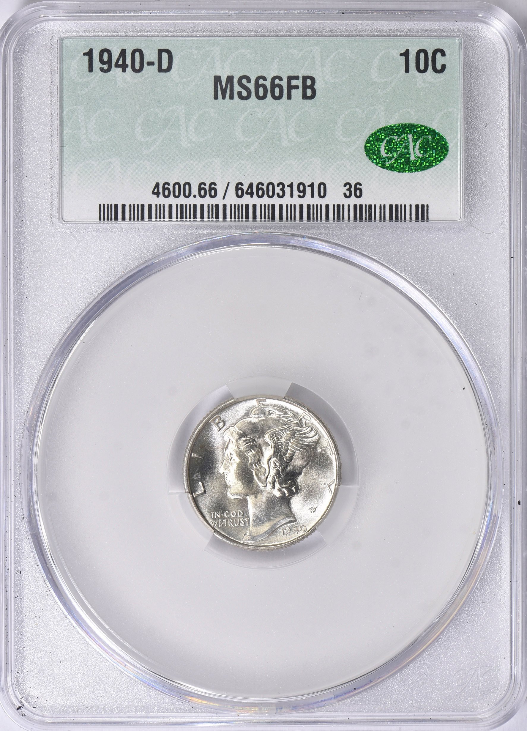 1940-D Mercury Dime CACG MS-66 FB (Item 1702850) | GreatCollections Coin Auctions
