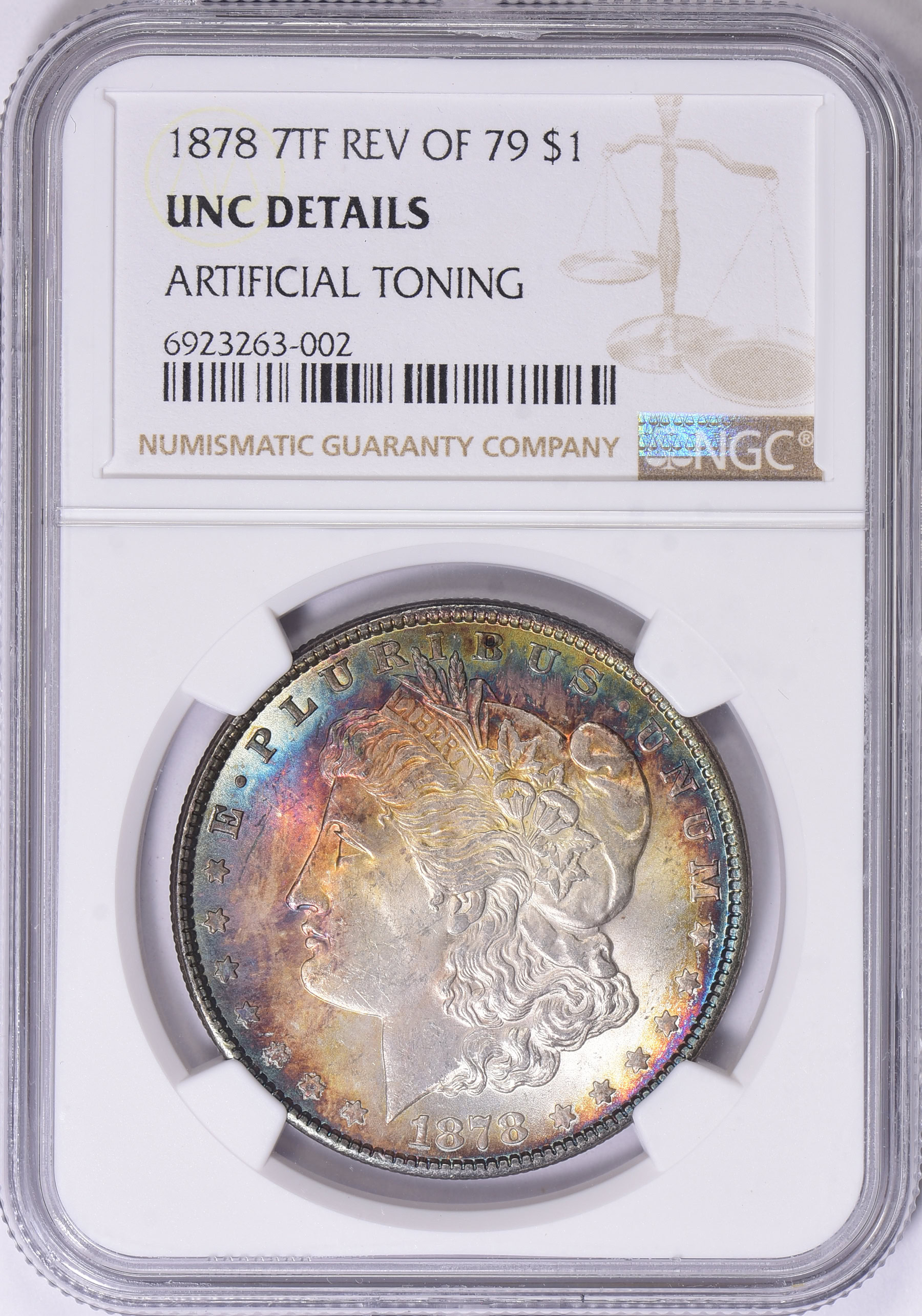 1878 Morgan Silver Dollar 7 Tailfeathers, Reverse of 1879 NGC Unc Details (Art. Toned) (Item ...