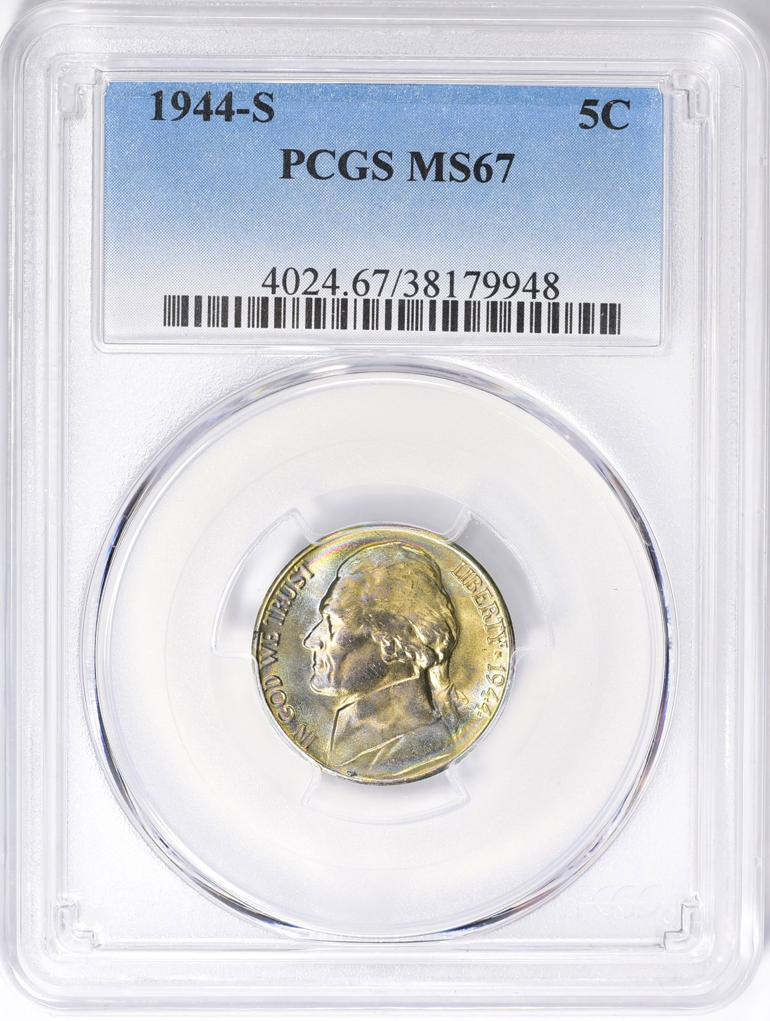 1944-S Jefferson Nickel PCGS MS-67 (Toned) (Item 1703081) | GreatCollections Coin Auctions