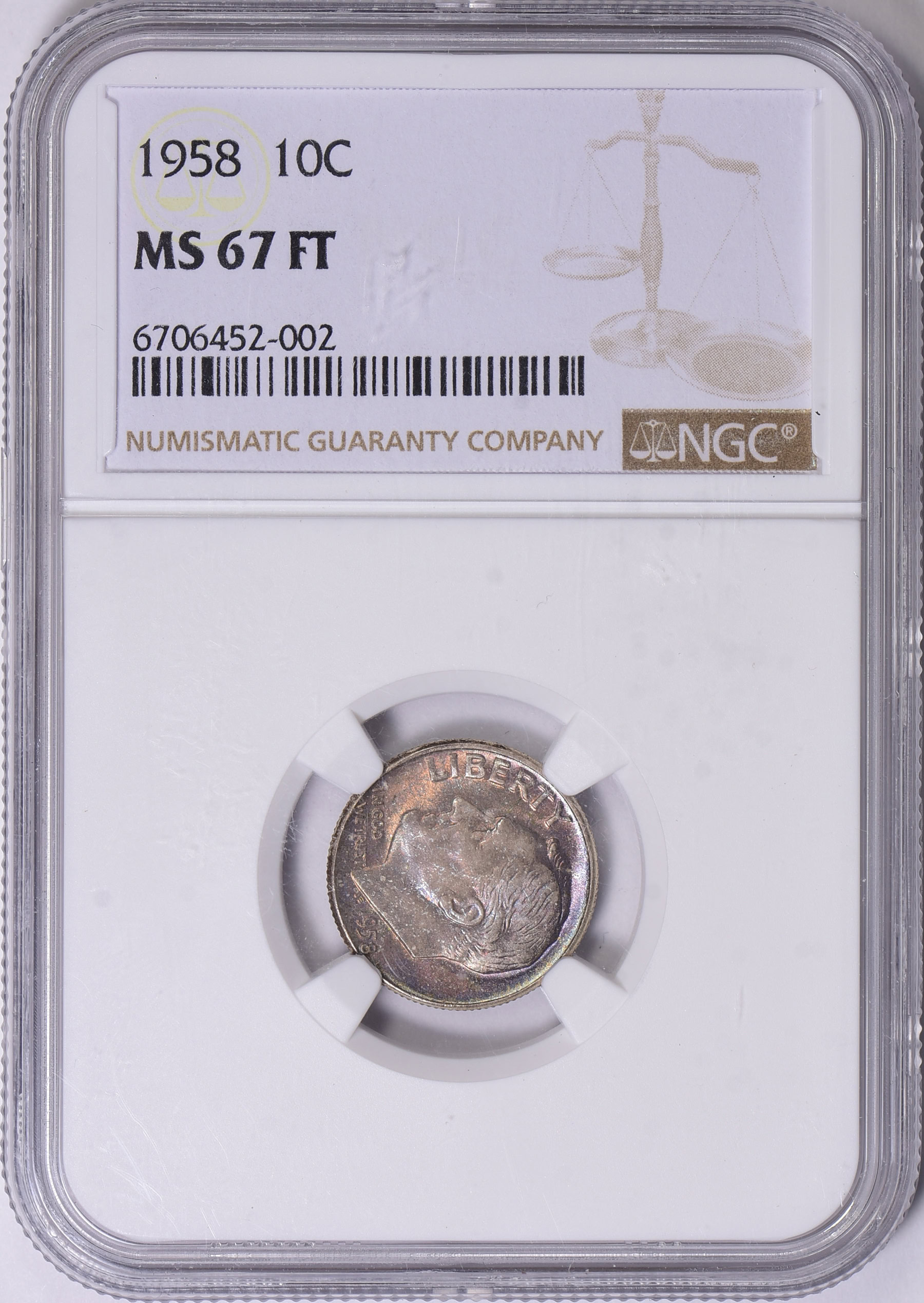 1958 Roosevelt Dime NGC MS-67 FT (Toned) (Item 1703495) | GreatCollections Coin Auctions
