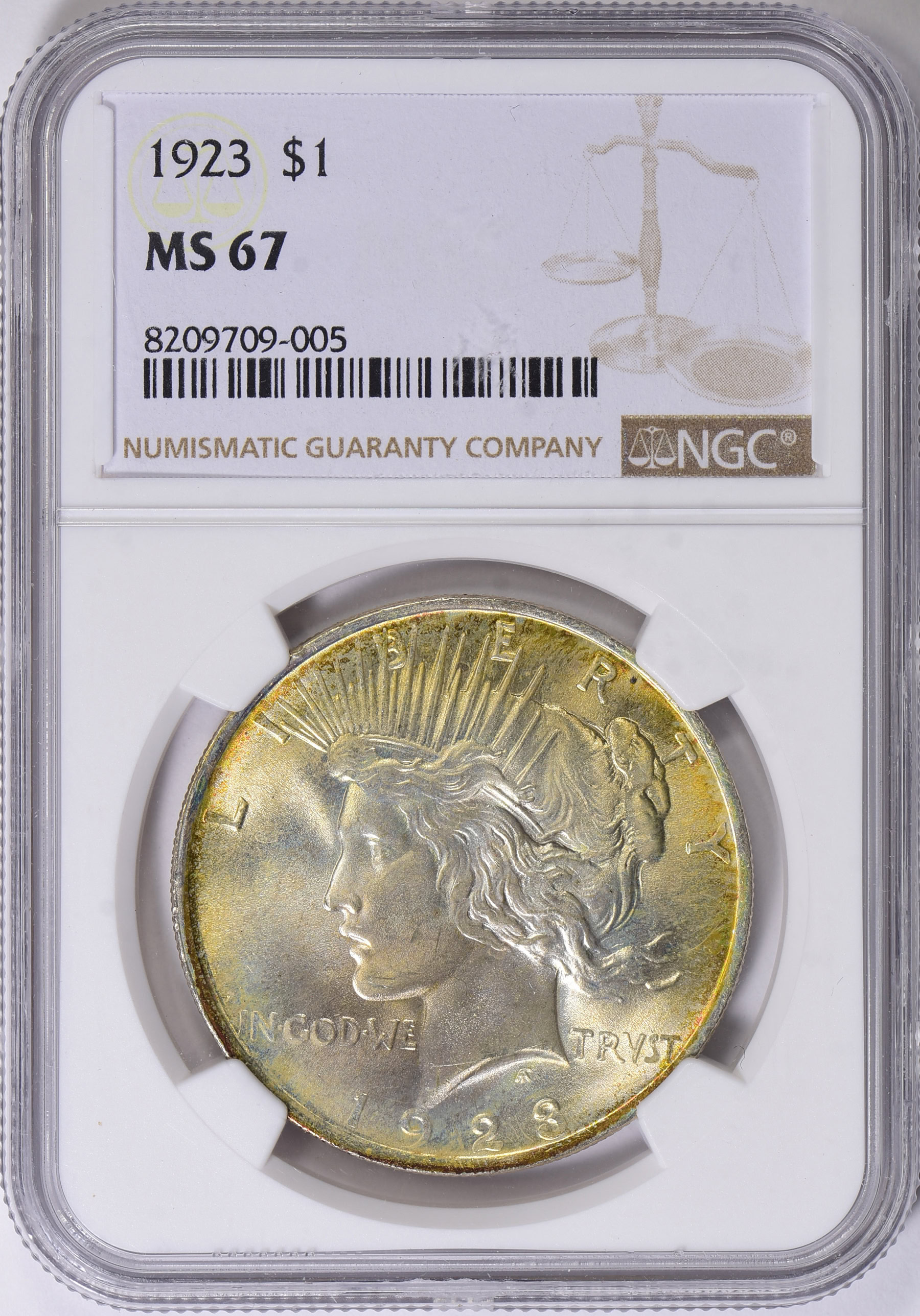 1923 Peace Silver Dollar NGC MS-67 (Toned) (Item 1703511) | GreatCollections Coin Auctions