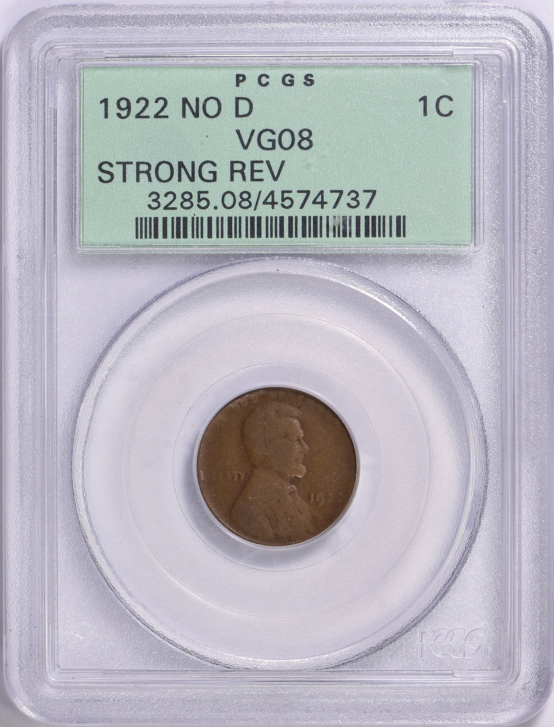 1922-No D Lincoln Cent Strong Reverse PCGS VG-08 BN OGH (Item 1703577) | GreatCollections Coin ...