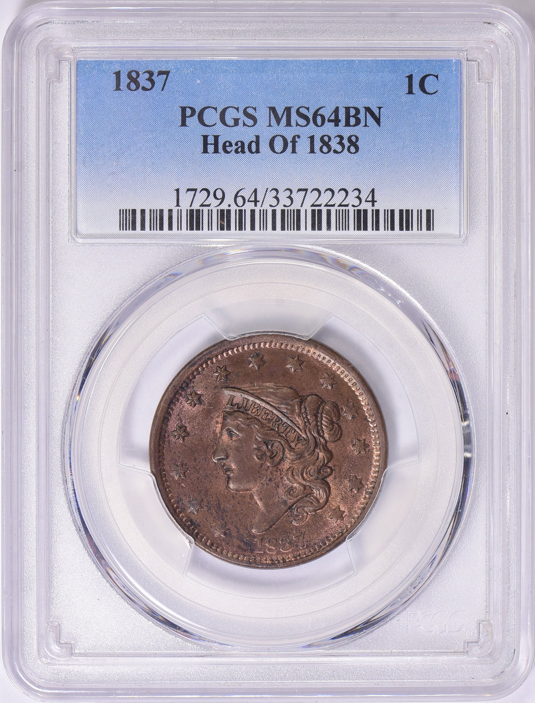 1837 Matron Cent Head of 1838 PCGS MS-64 BN (Item 1703641) | GreatCollections Coin Auctions