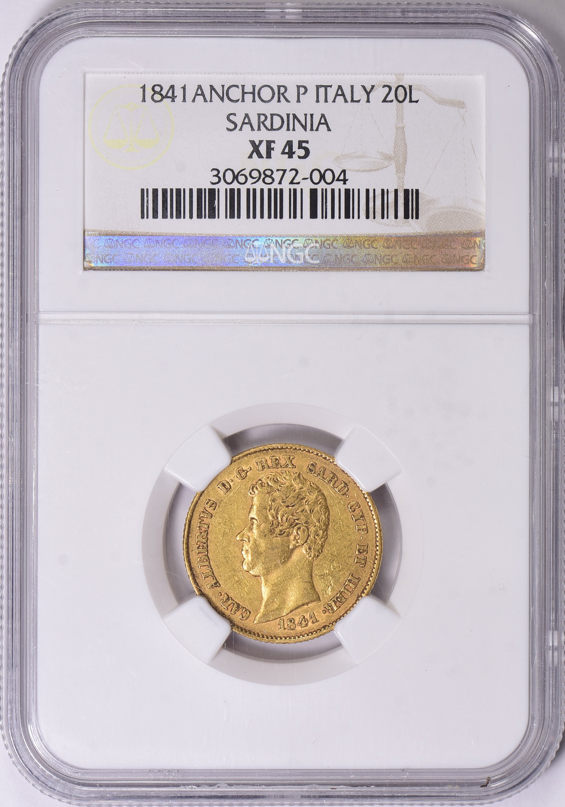 Italy - Sardinia 1841-P Gold 20 Lire Anchor Privy KM-131.2 NGC XF-45 (AGW = 0.1866 Oz.) (Item ...