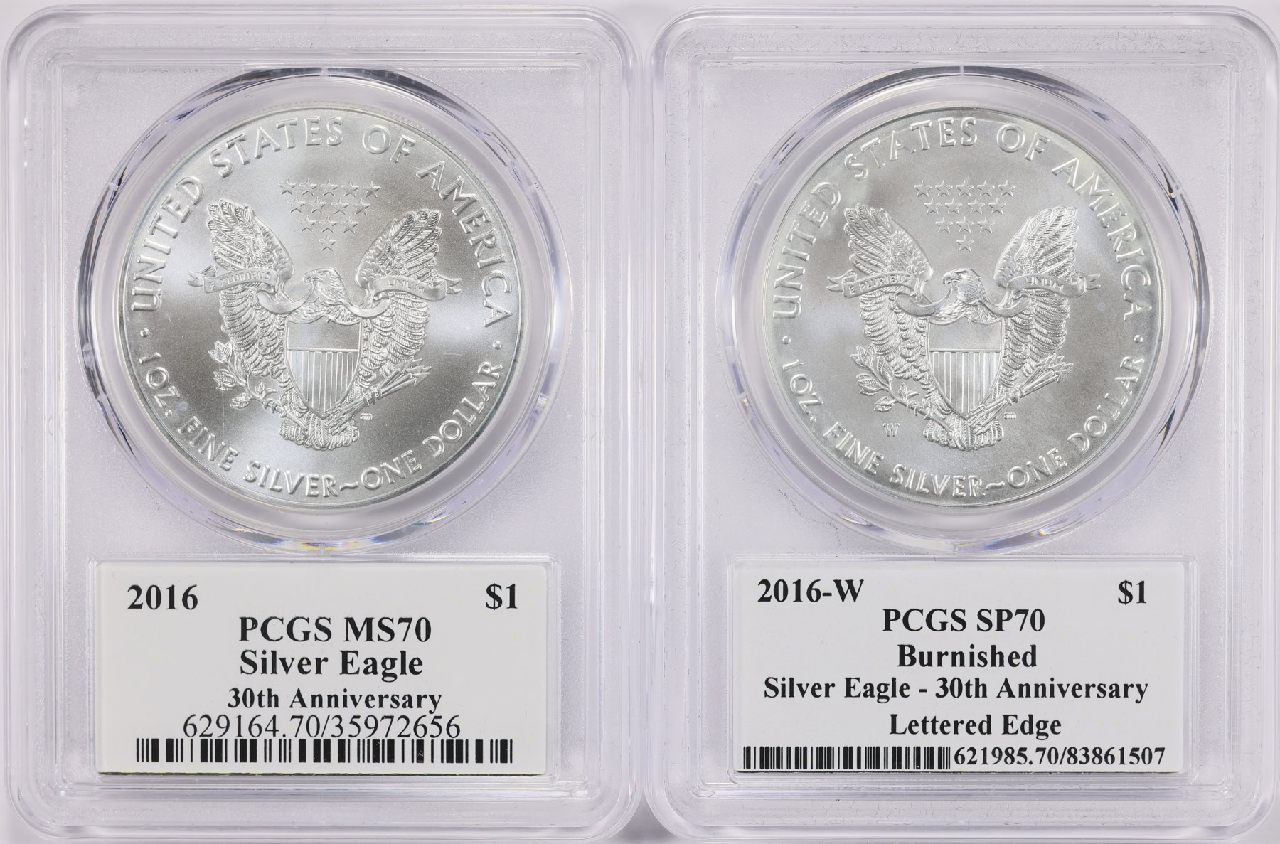 2016 and 2016-W $1 Silver Eagle 30th Anniversary PCGS MS-70/SP-70 ...