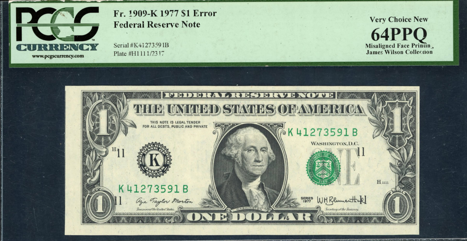 Fr. 1909-K (KB Block) 1977 $1 Dallas Federal Reserve Error Note ...