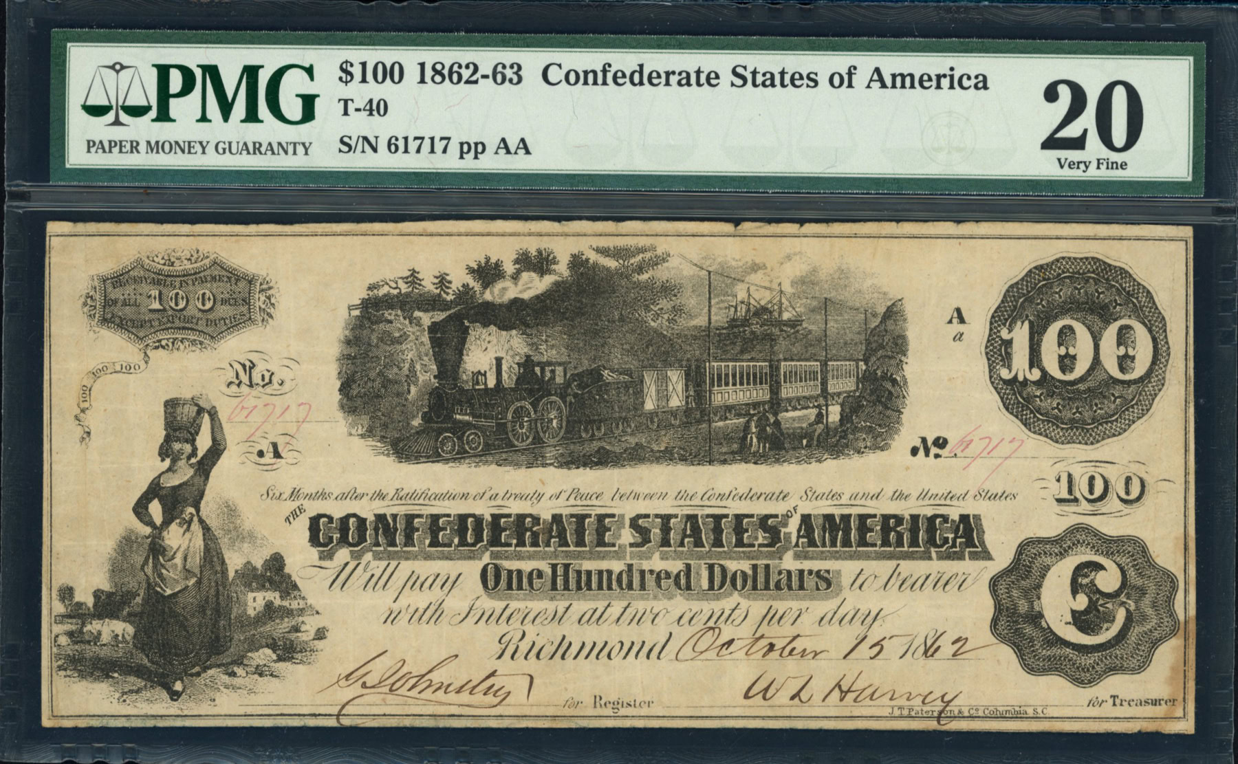 T-40 Confederate States of America Oct. 15, 1862 $100 Note Check Steam ...