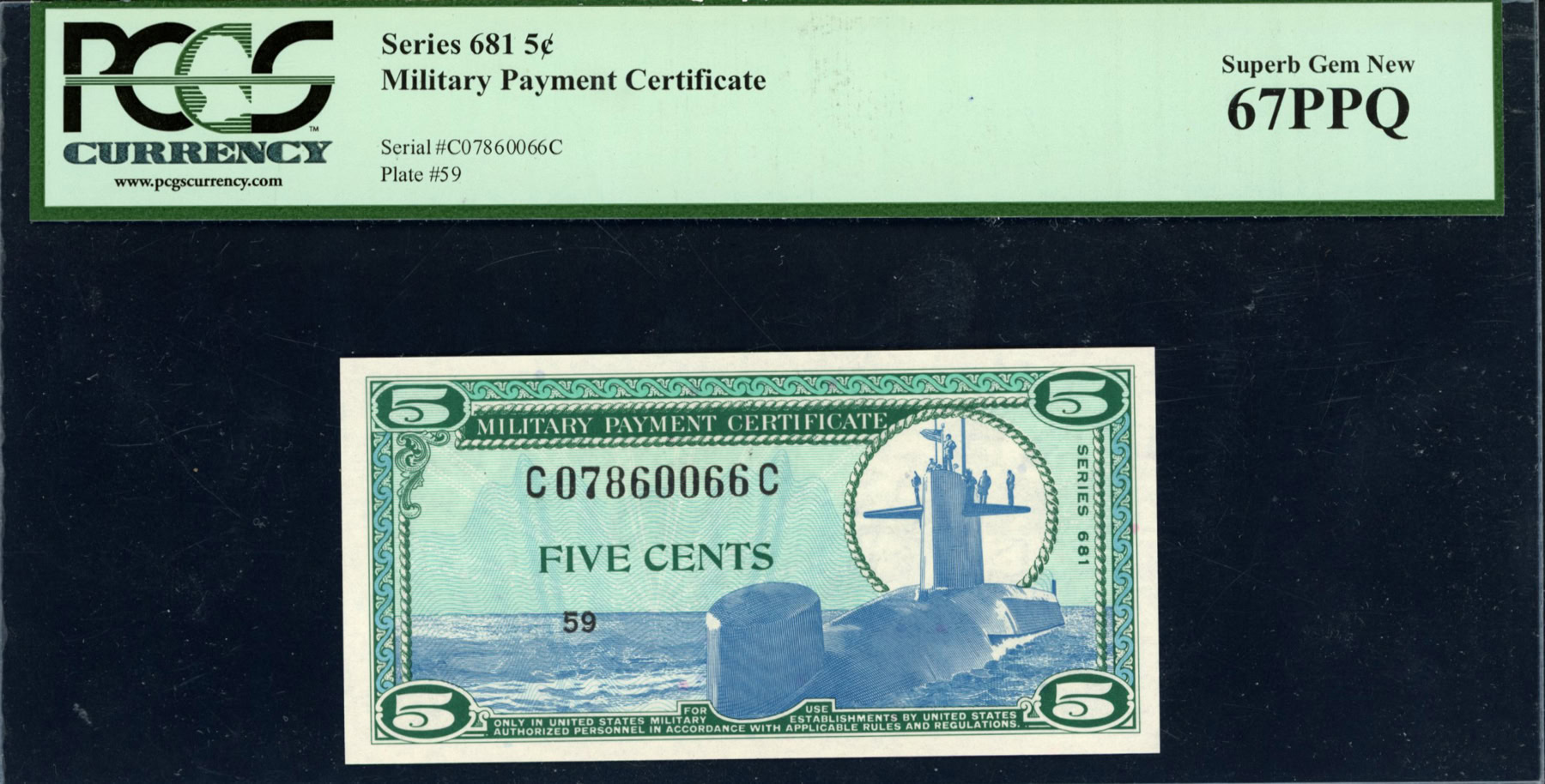 Series 681 5 Cents Military Payment Certificate Note First Printing ...
