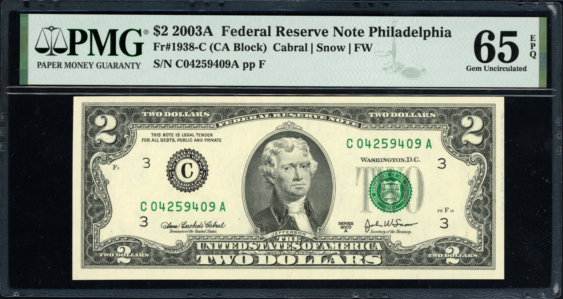 Fr. 1938-C (CA Block) 2003A $2 Philadelphia Federal Reserve Notes ...
