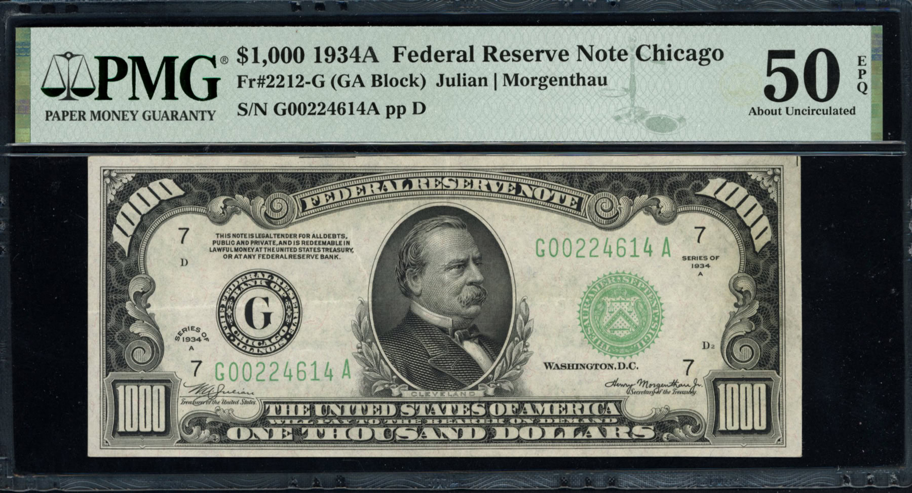 Fr. 2212-G (GA Block) 1934A $1,000 Chicago Federal Reserve Note Julian ...