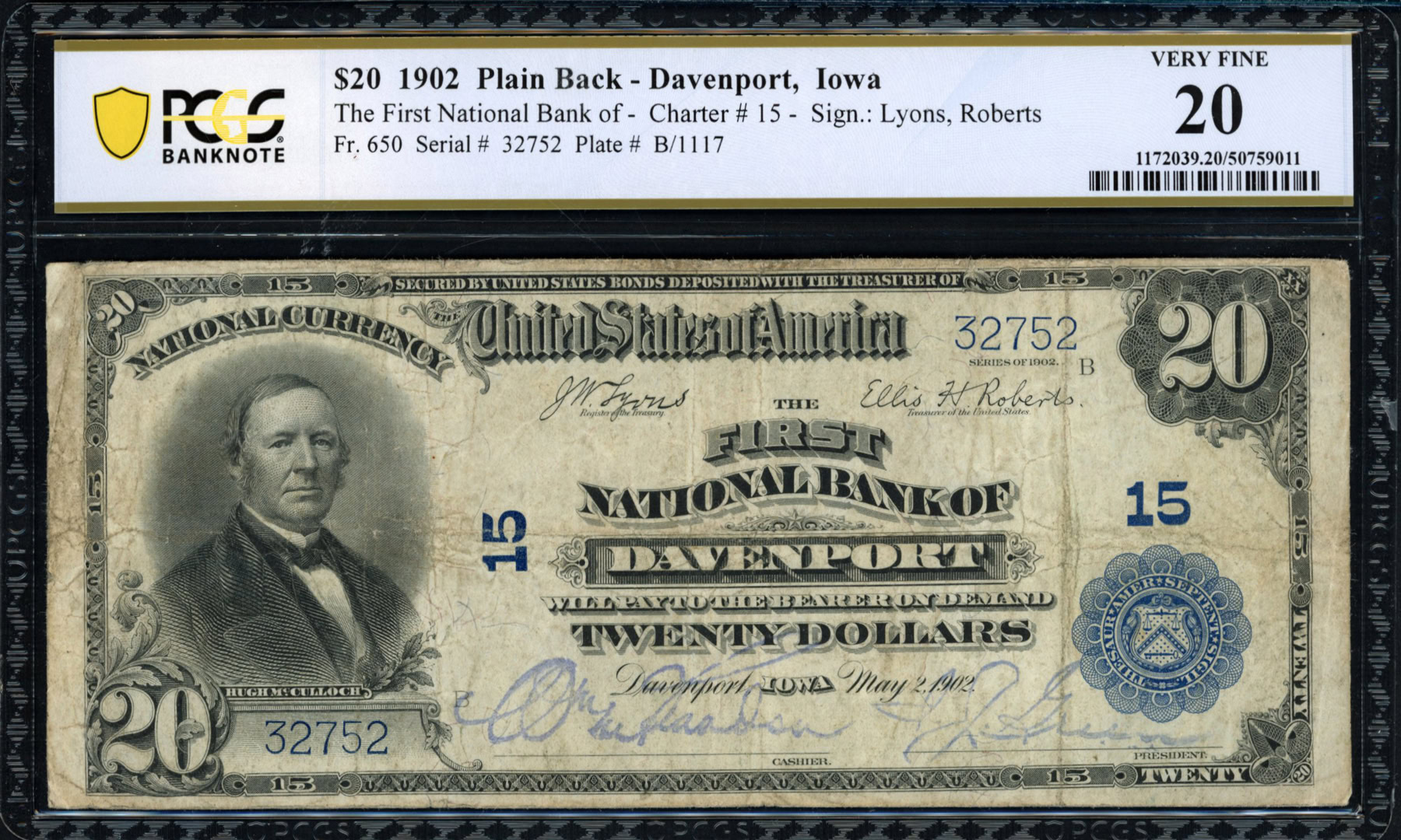 Fr. 650 Davenport, Iowa 1902 The First National Bank $20 Plain Back ...