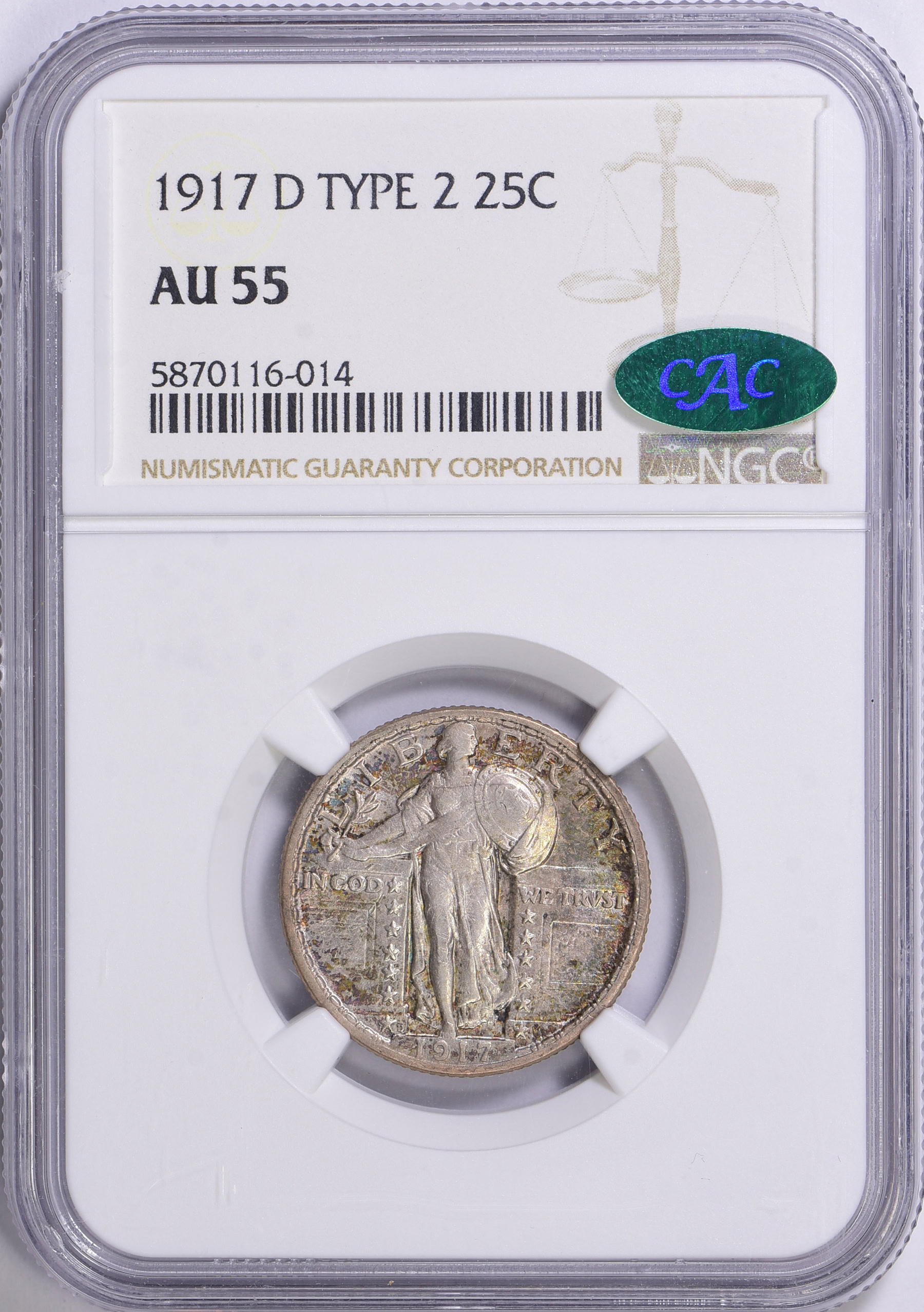 1917-D Standing Liberty Quarter Type 2 NGC AU-55 (CAC Green) (Toned) (Item 1704251 ...