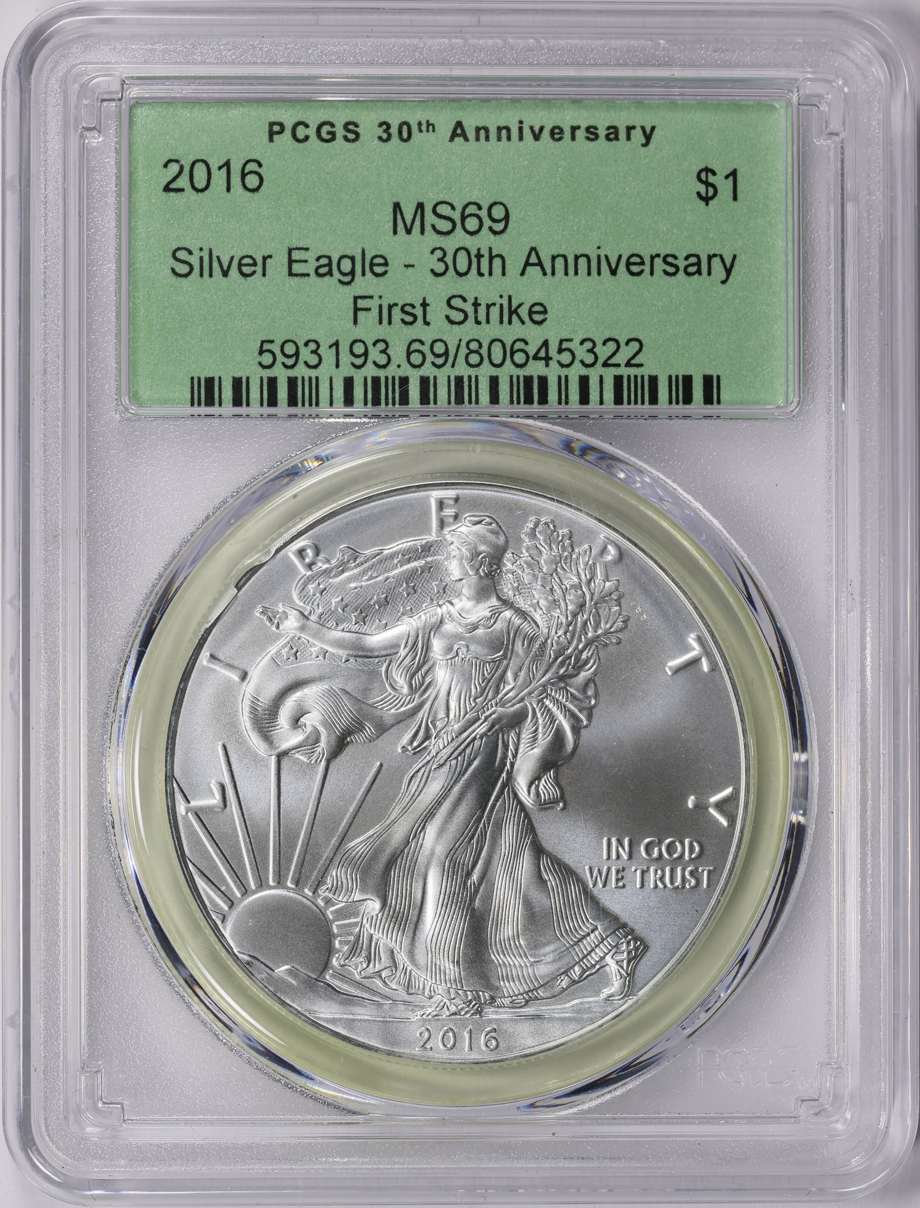 2016 $1 Silver Eagle First Strike 30th Anniversary PCGS MS-69 (OGH 30th Anniversary Label) (Item ...