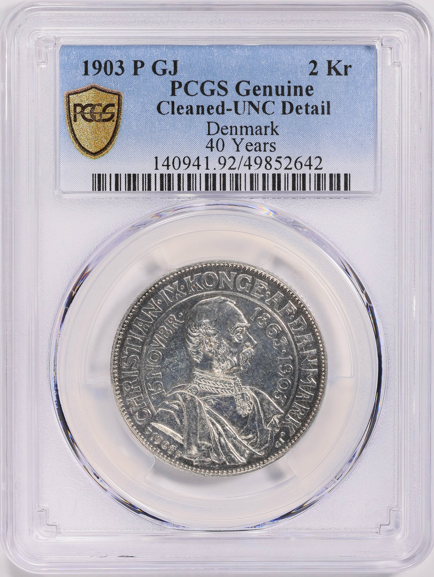 Denmark 1903-P GJ Silver 2 Kroner 40 Years of Reign KM-802 PCGS Genuine ...
