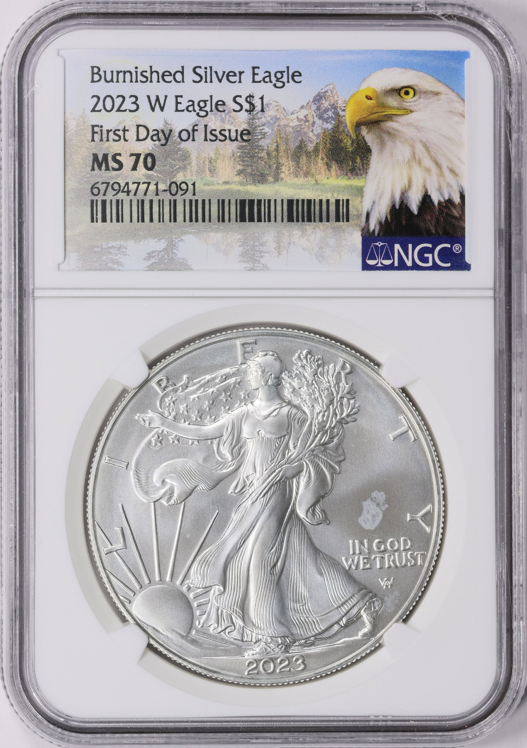 2023-W $1 Silver Eagle Burnished First Day of Issue NGC MS-70 (Eagle Label) | NGC Cert #6794771 ...