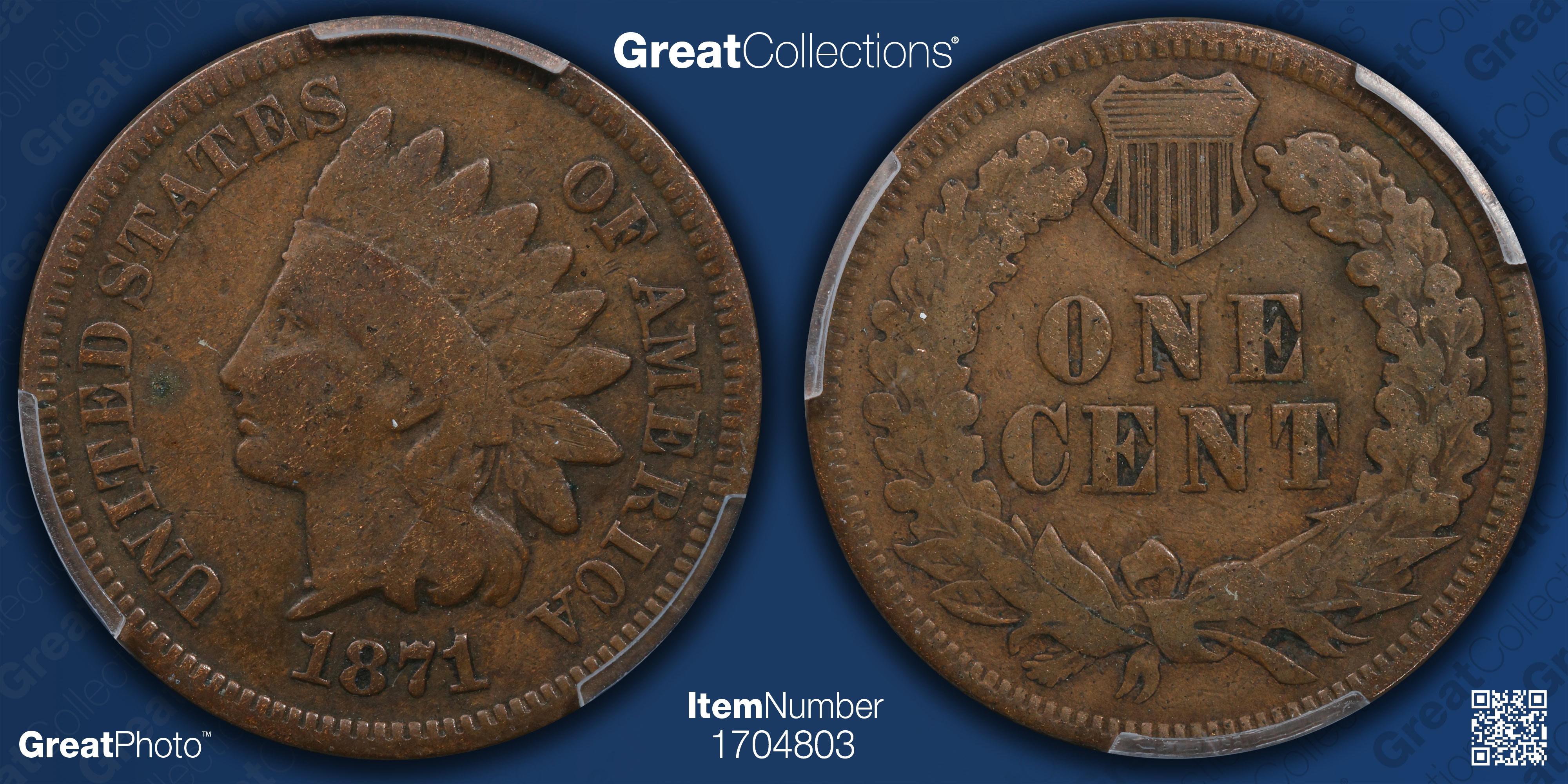 1871 Indian Cent PCGS VG-08 BN (Item 1704803) | GreatCollections Coin ...