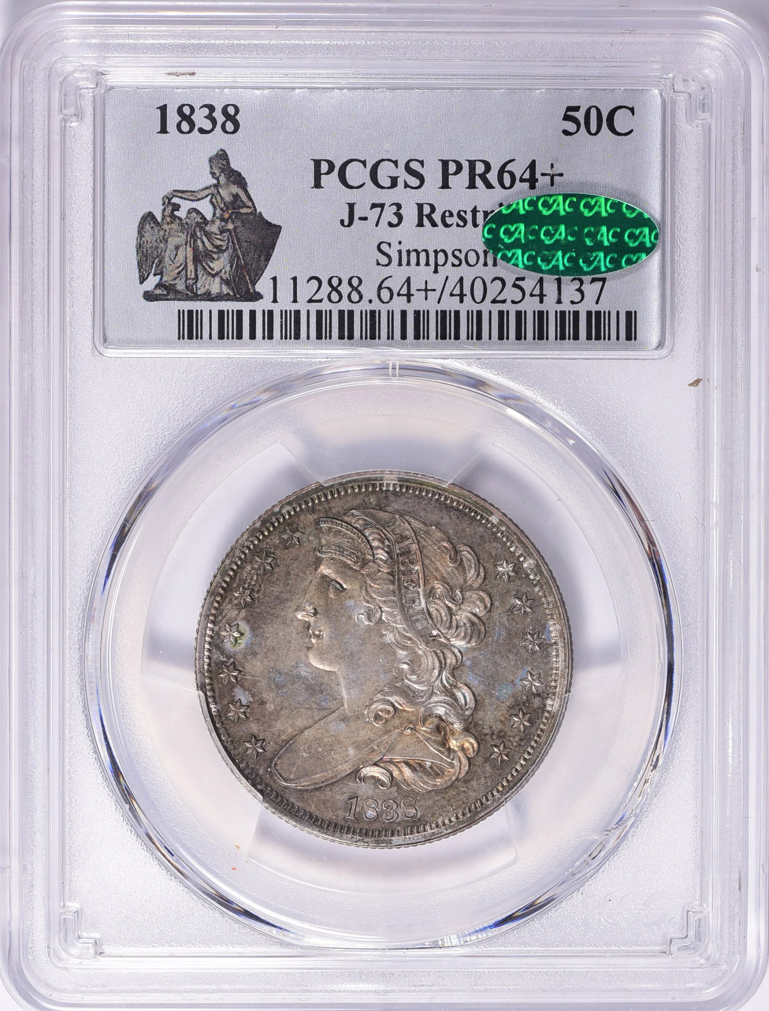 1838 Pattern 50c J-73 Restrike PCGS Proof-64+ (CAC Green) (Simpson ...