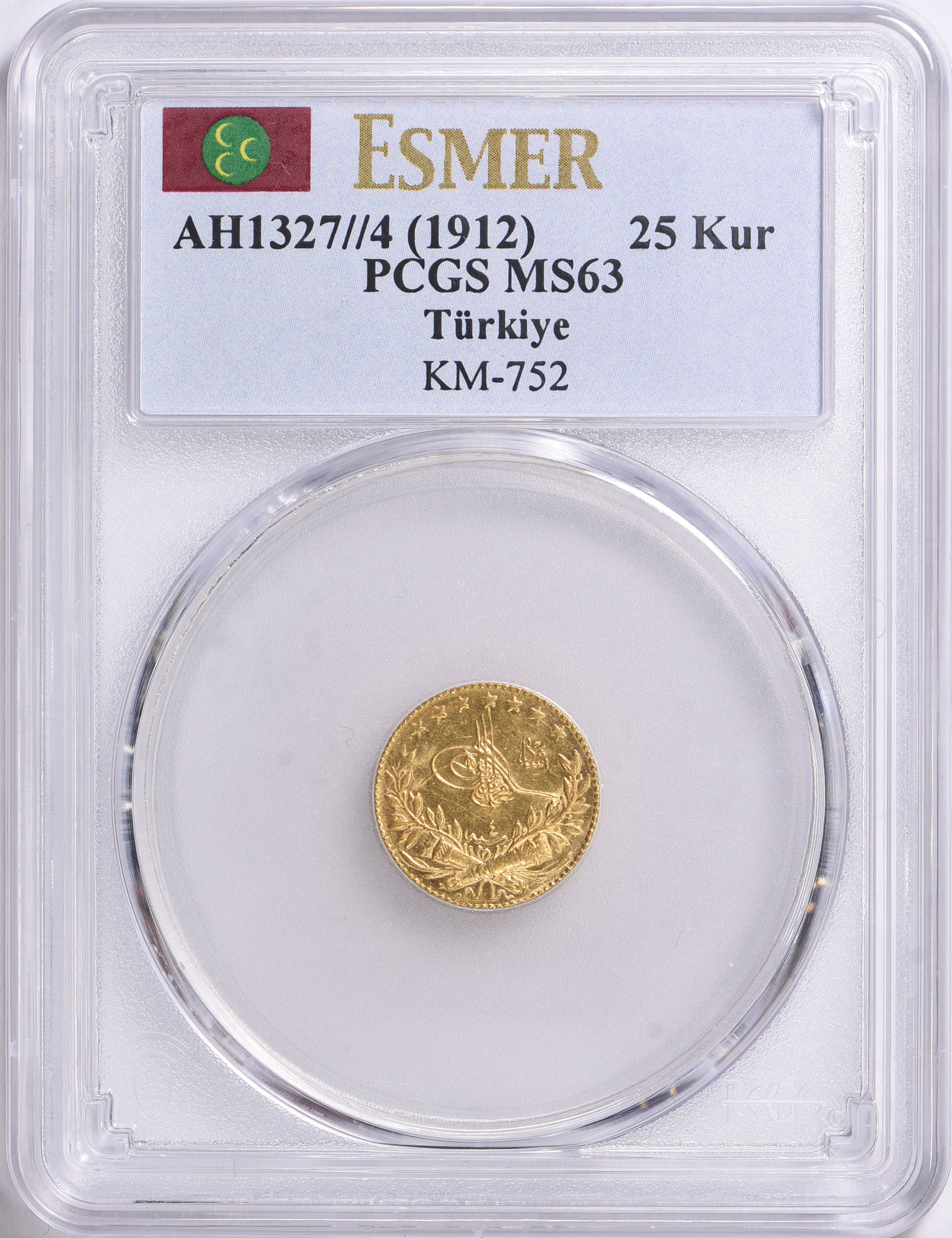 Turkey AH 1327 Year 4 (1912) Gold 25 Kurush KM-752 PCGS MS-63 (AGW = 0.0532 oz.) (Item 1705252 ...