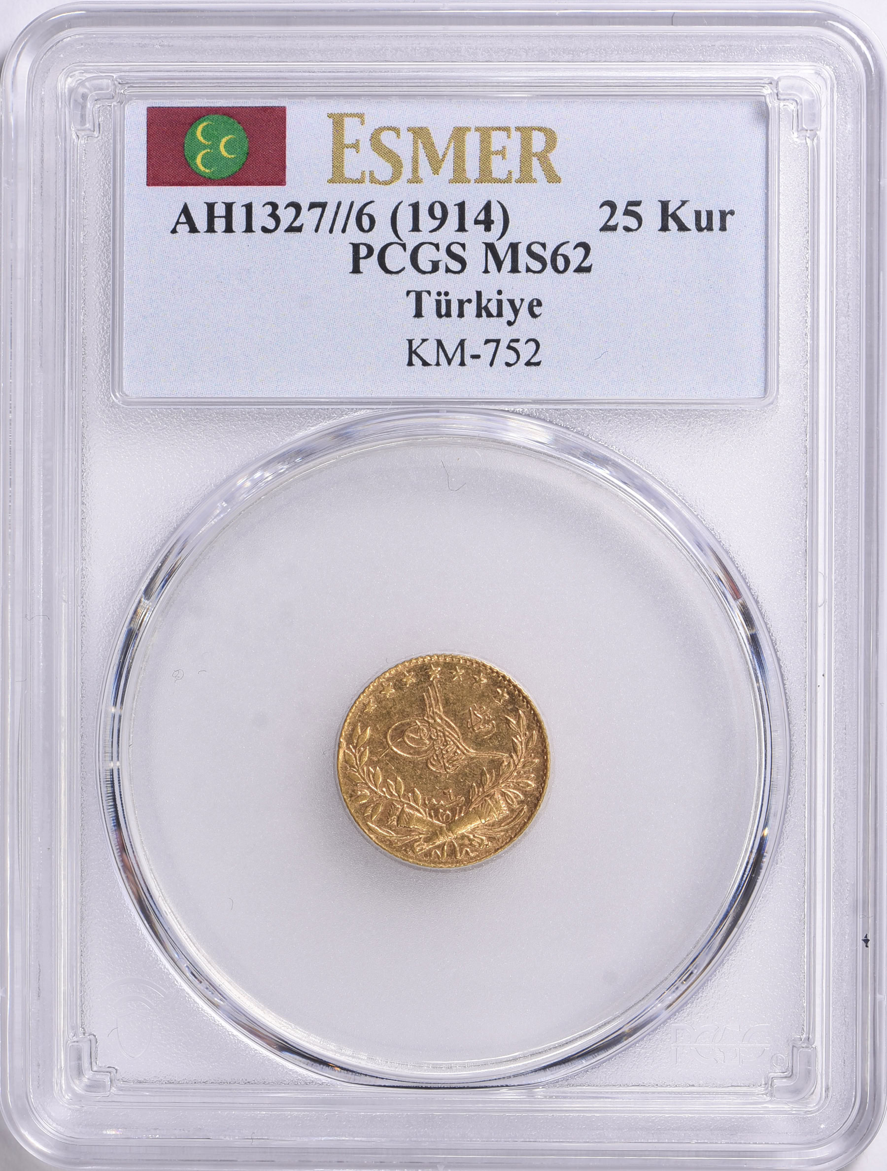 Turkey AH 1327 Year 6 (1914) Gold 25 Kurush KM-752 PCGS MS-62 (AGW = 0.0532 oz.) (Item 1705254 ...