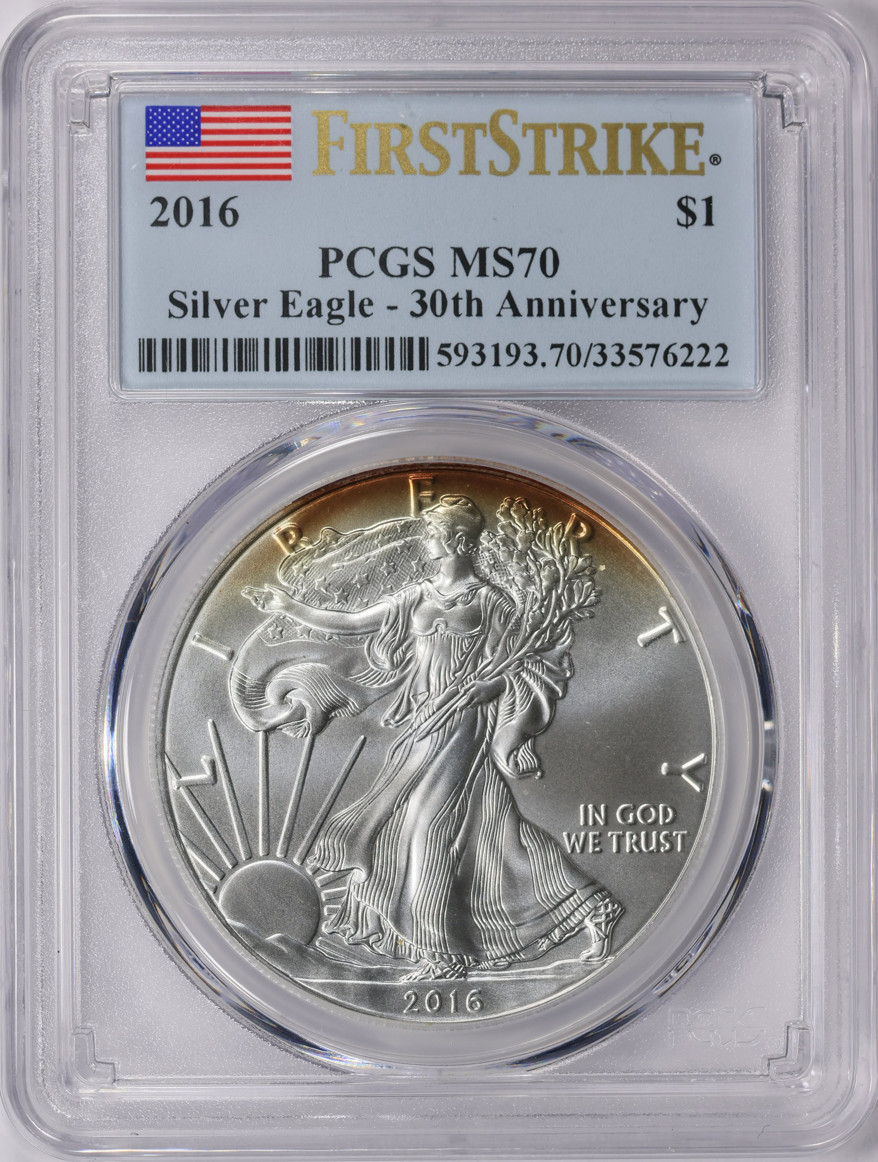 2016 $1 Silver Eagle First Strike 30th Anniversary PCGS MS-70 (Toned) (Item 1705307 ...