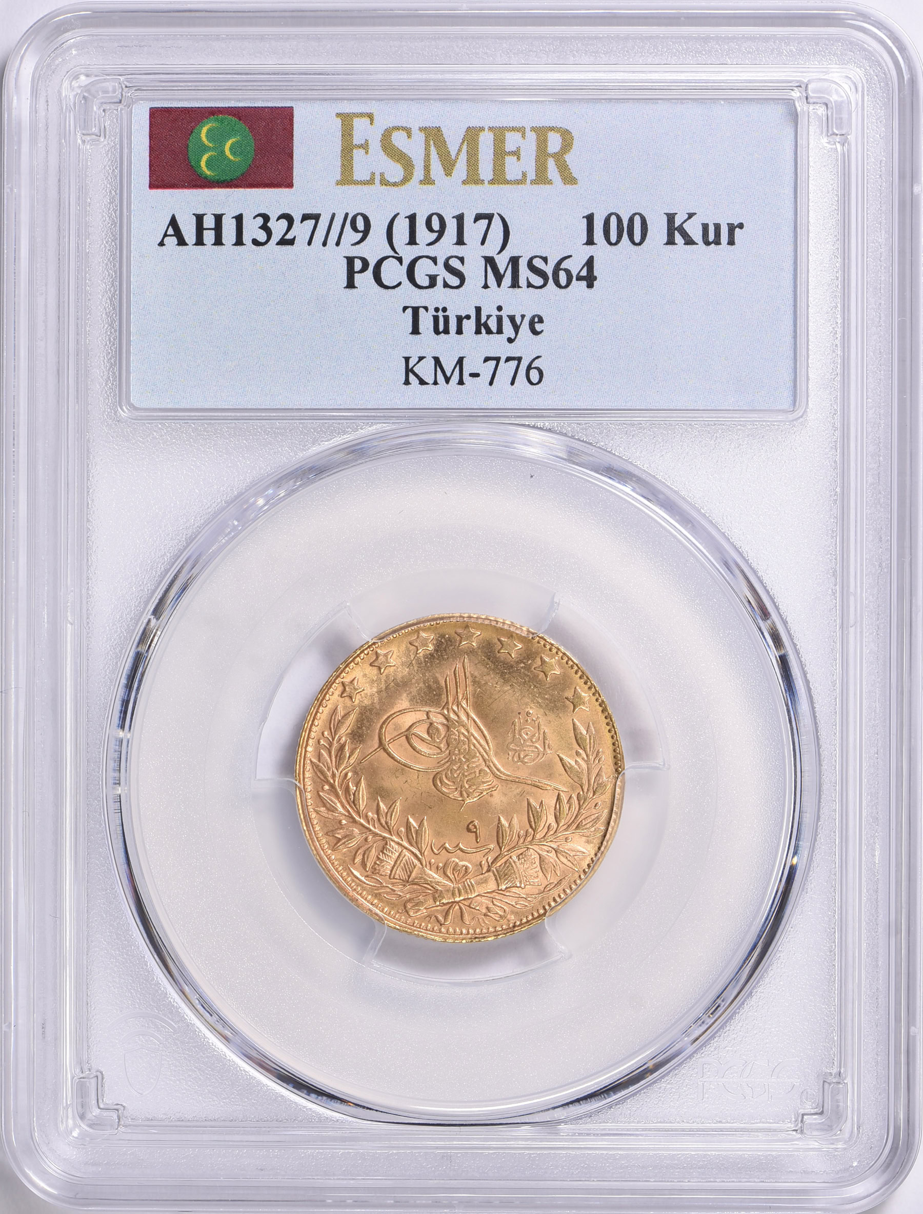Turkey AH 1327 Year 9 (1917) Gold 100 Kurush KM-776 PCGS MS-64 (AGW = 0 ...