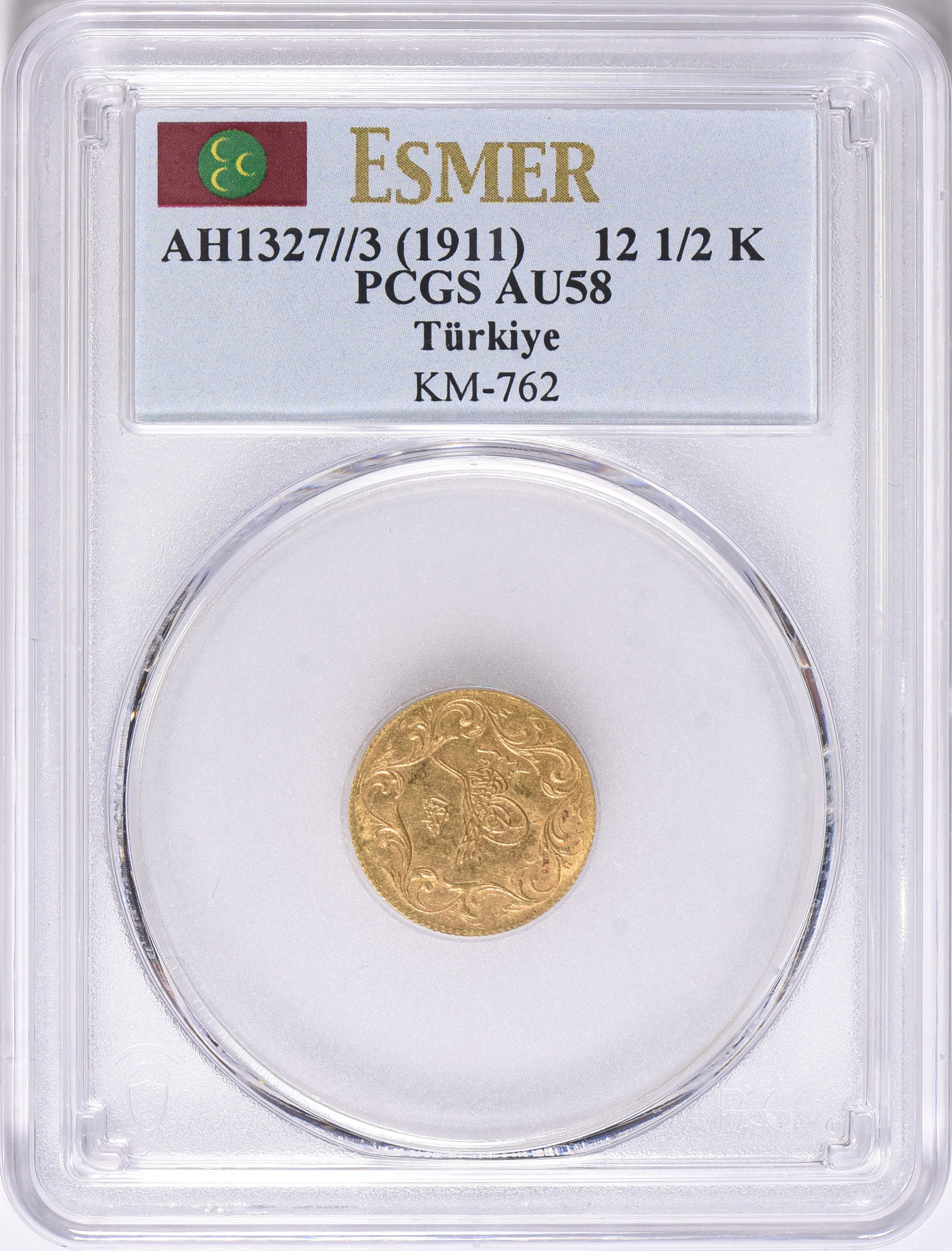 Turkey AH 1327 Year 3 (1911) Gold 12 1/2 Kurush KM-762 PCGS AU-58 (AGW = 0.0266 oz.) (Item ...