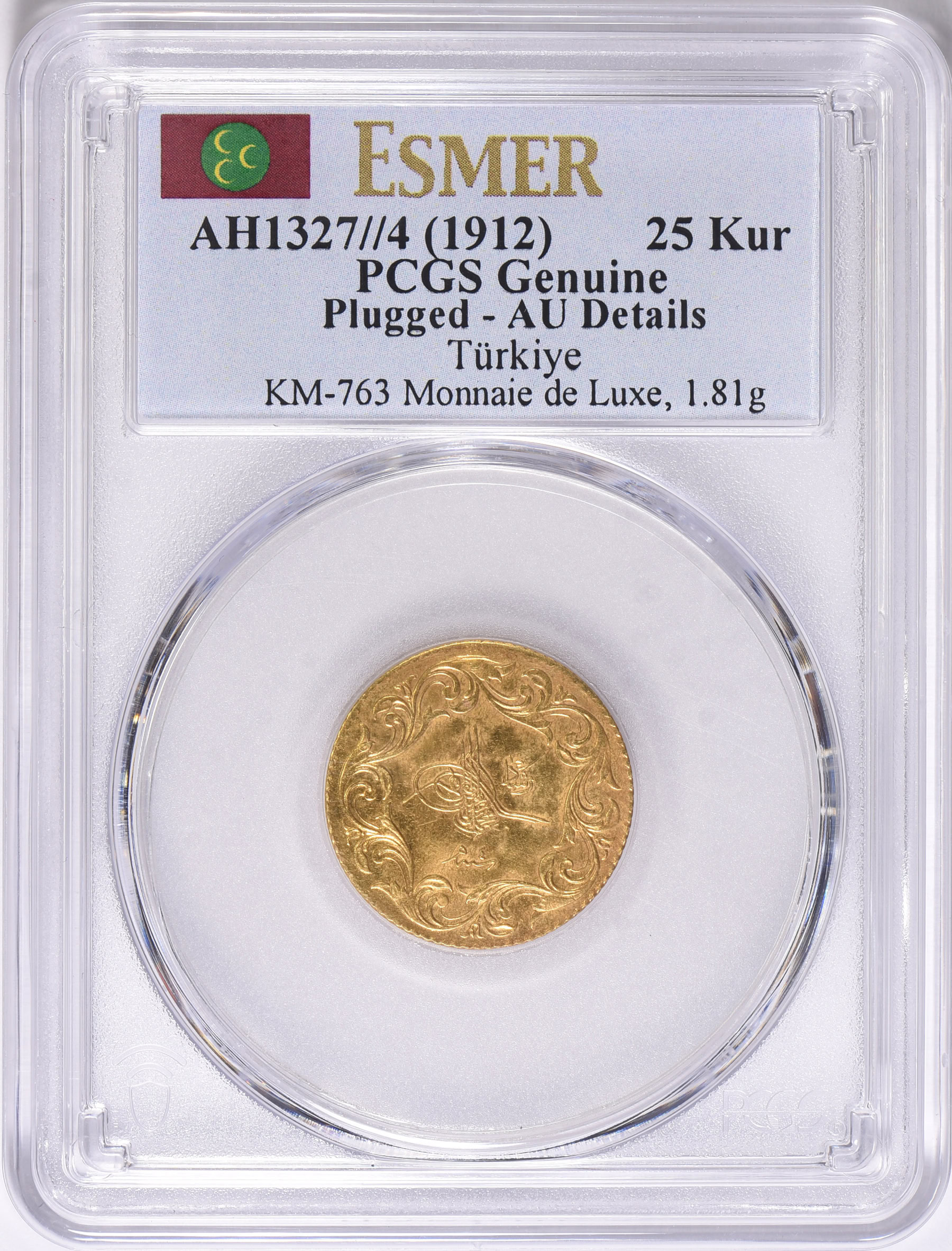 Turkey AH 1327 Year 4 (1912) Gold 25 Kurush Monnaie de Luxe KM-763 PCGS ...