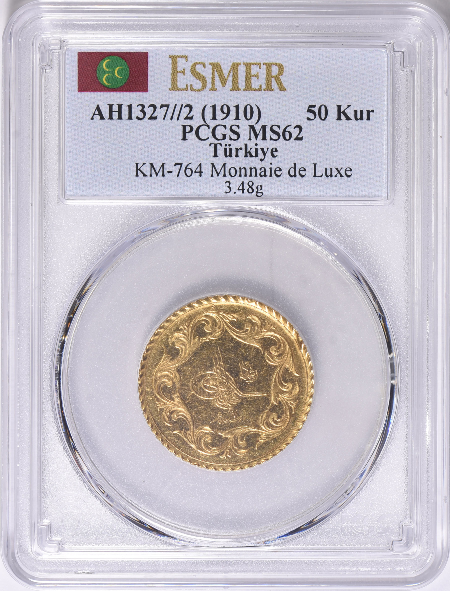 Turkey AH 1327 Year 2 (1910) Gold 50 Kurush Monnaie de Luxe KM-764 PCGS ...