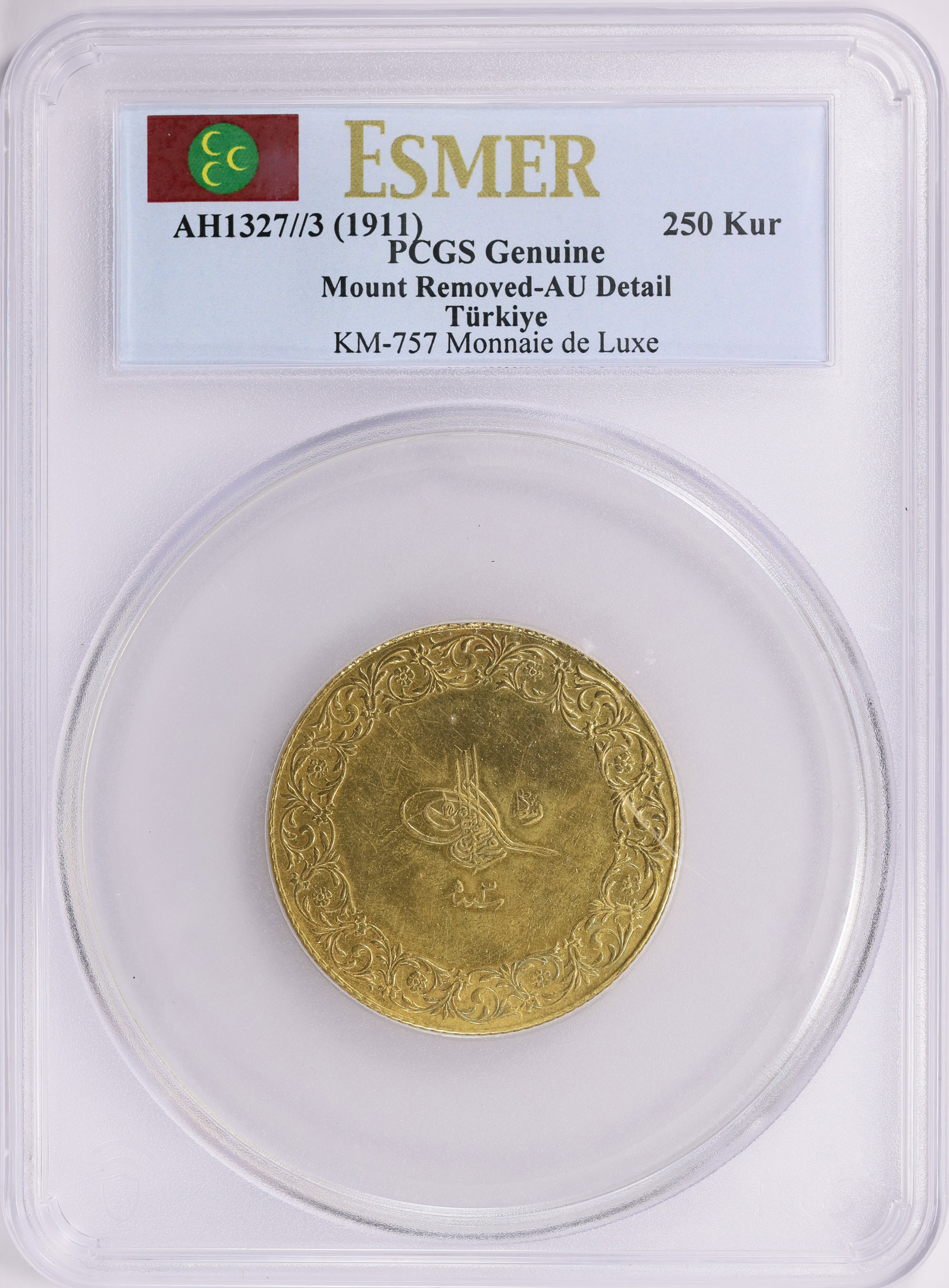 Turkey AH 1327 Year 3 (1911) Gold 250 Kurush Monnaie de Luxe KM-757 ...