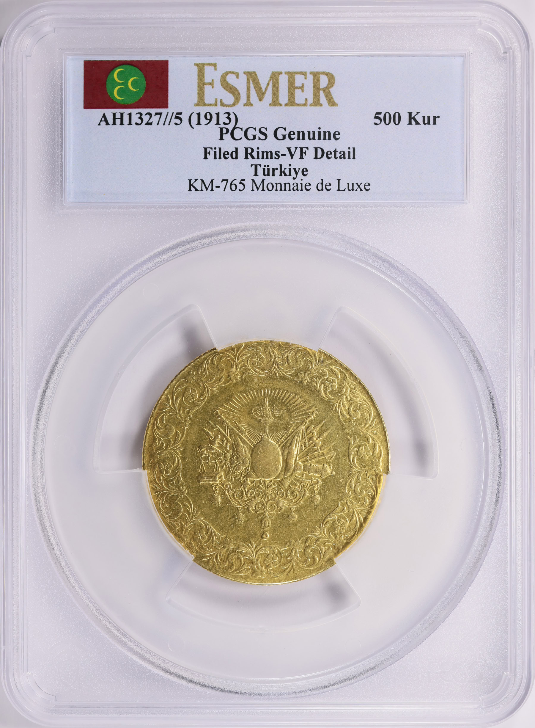 Turkey AH 1327 Year 5 (1913) Gold 500 Kurush Monnaie de Luxe KM-765 ...