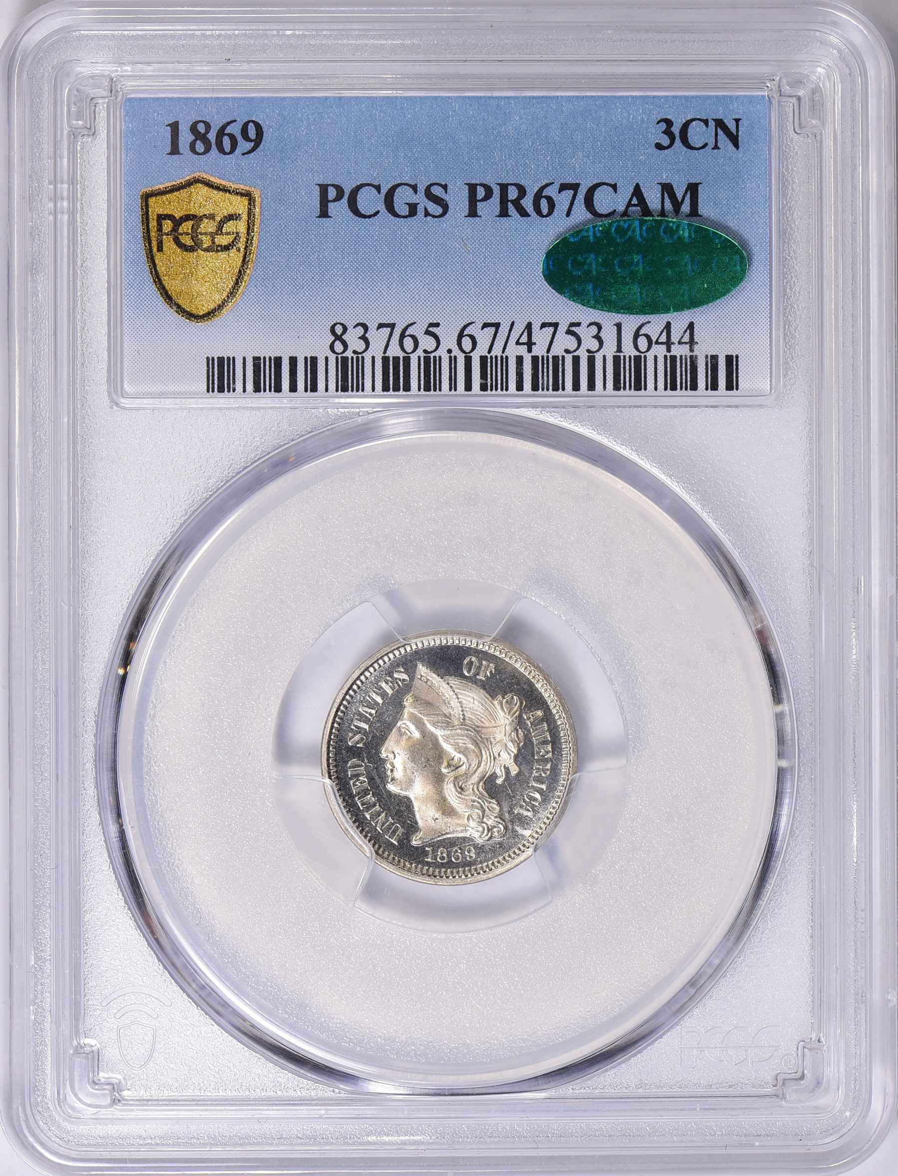 1869 Nickel Three-Cent Piece PCGS Proof-67 CAMEO (CAC Green) (Item ...