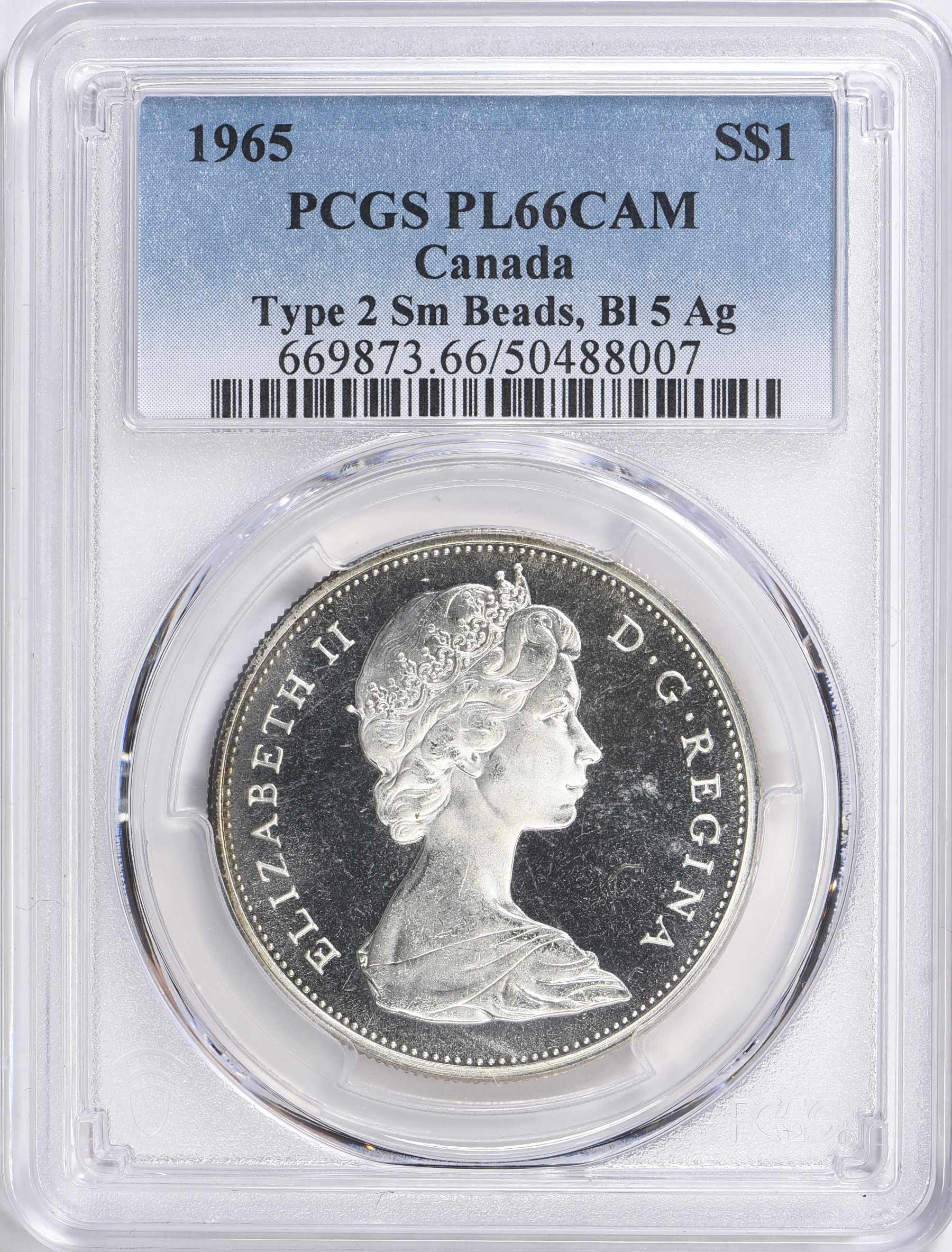 Canada 1965 Silver Dollar Type 2 Small Beads, Blunt 5 KM-64.1 PCGS PL-66 CAMEO (Item 1705659 ...