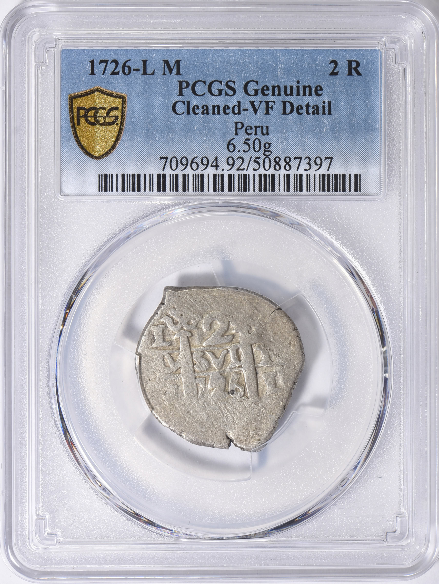 Peru 1726-L M Silver 2 Reales KM-32 PCGS Genuine VF Details (6.50gms ...