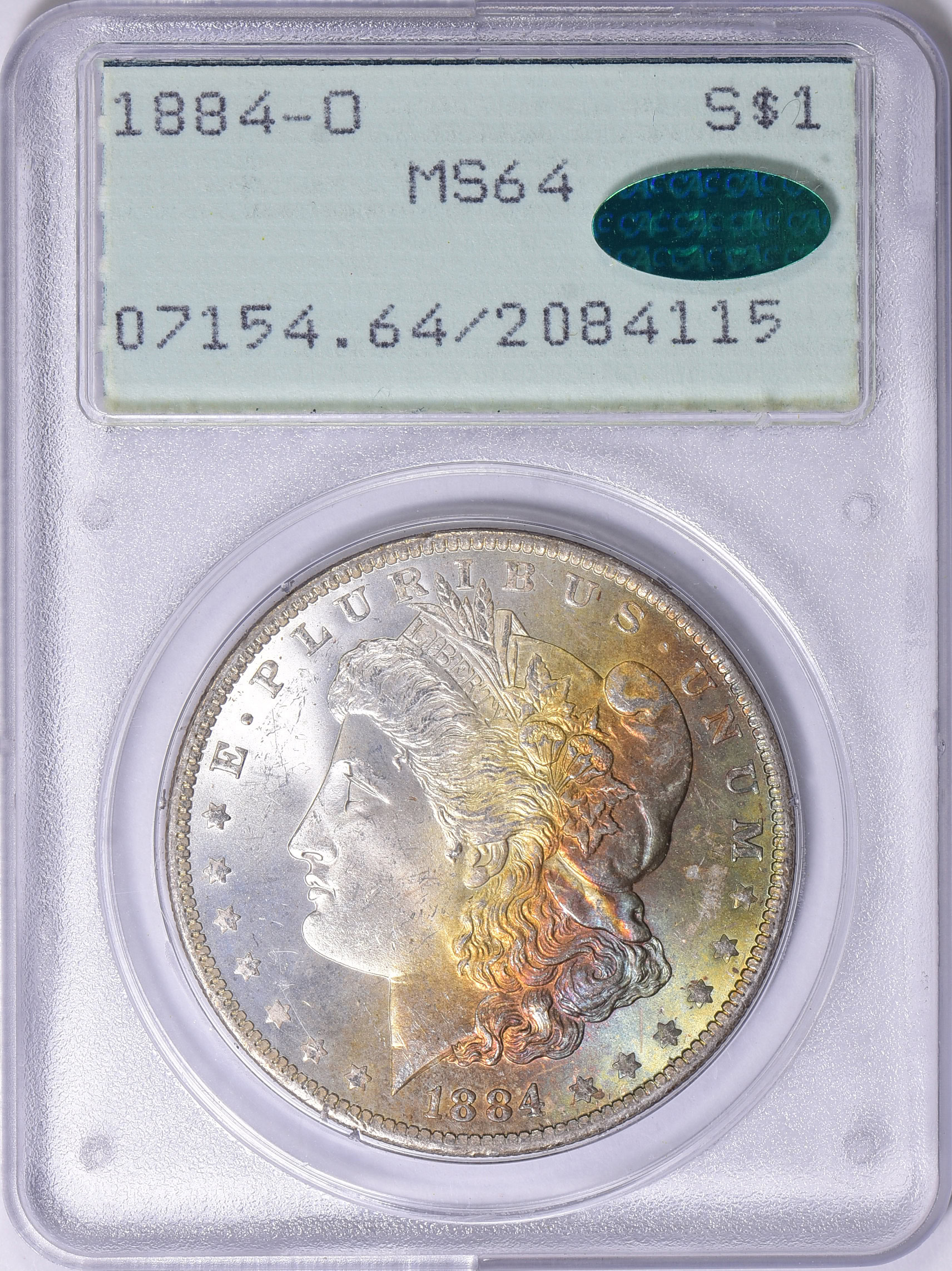 1884-O Morgan Silver Dollar PCGS MS-64 (CAC Green) OGH (1st Gen) (Toned) (Item 1705849 ...