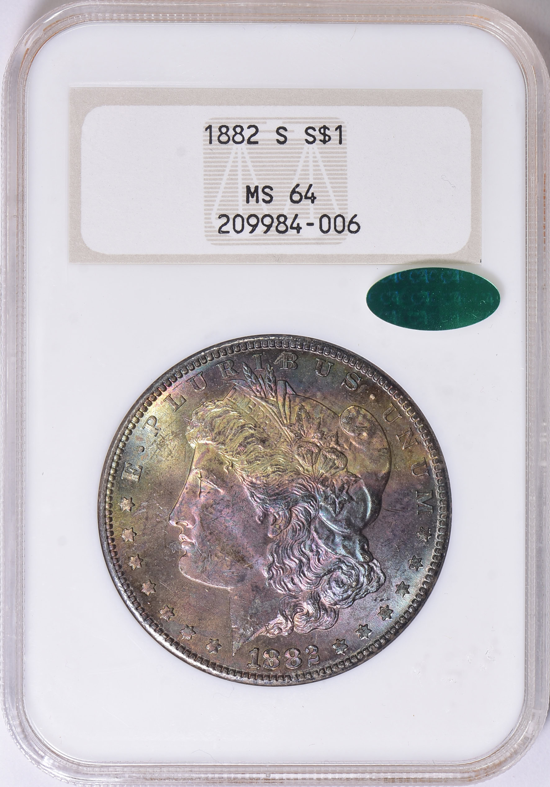 1882-S Morgan Silver Dollar NGC MS-64 (CAC Green) OH (Toned) (Item 1705878) | GreatCollections ...