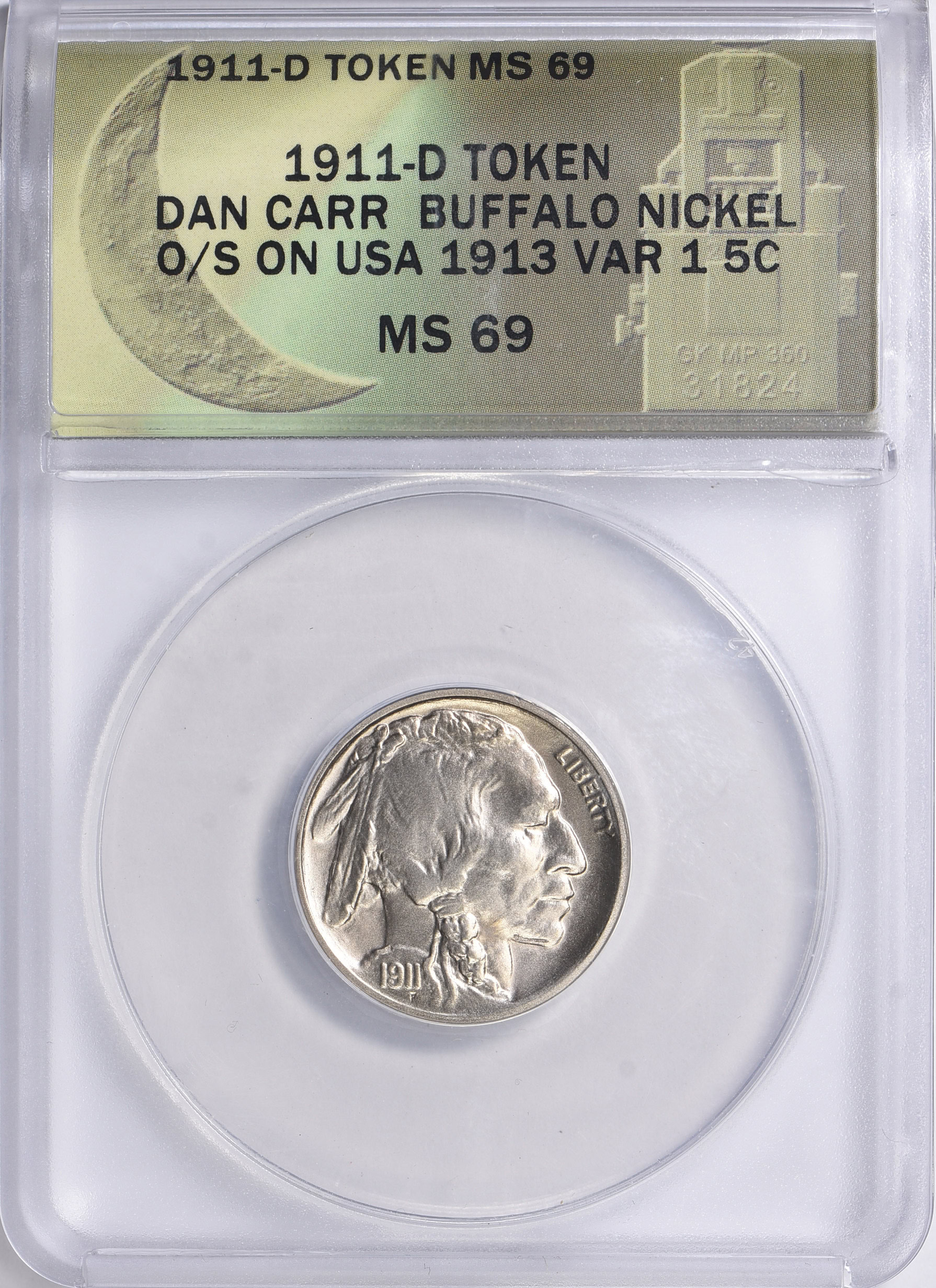 1911-D Buffalo Nickel Daniel Carr Token Overstruck on 1913 Type 1 ...