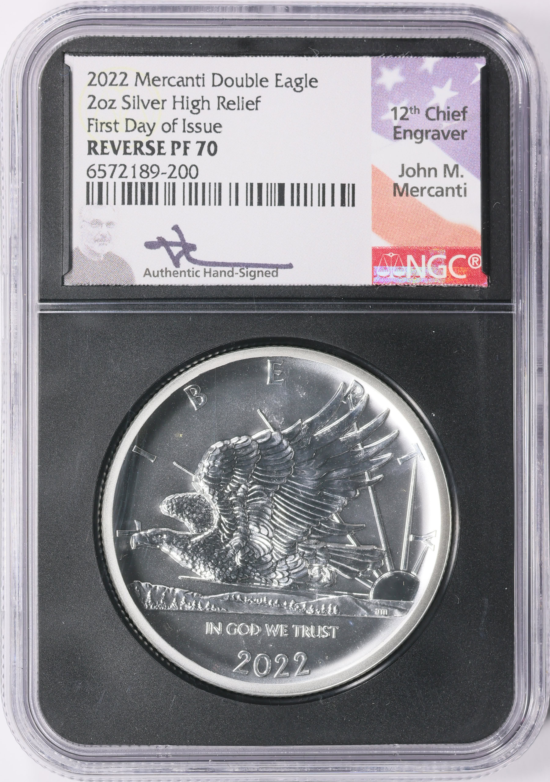 2022 Silver 2oz Mercanti Double Eagle High Relief Reverse Proof First Day of Issue NGC Proof-70 ...