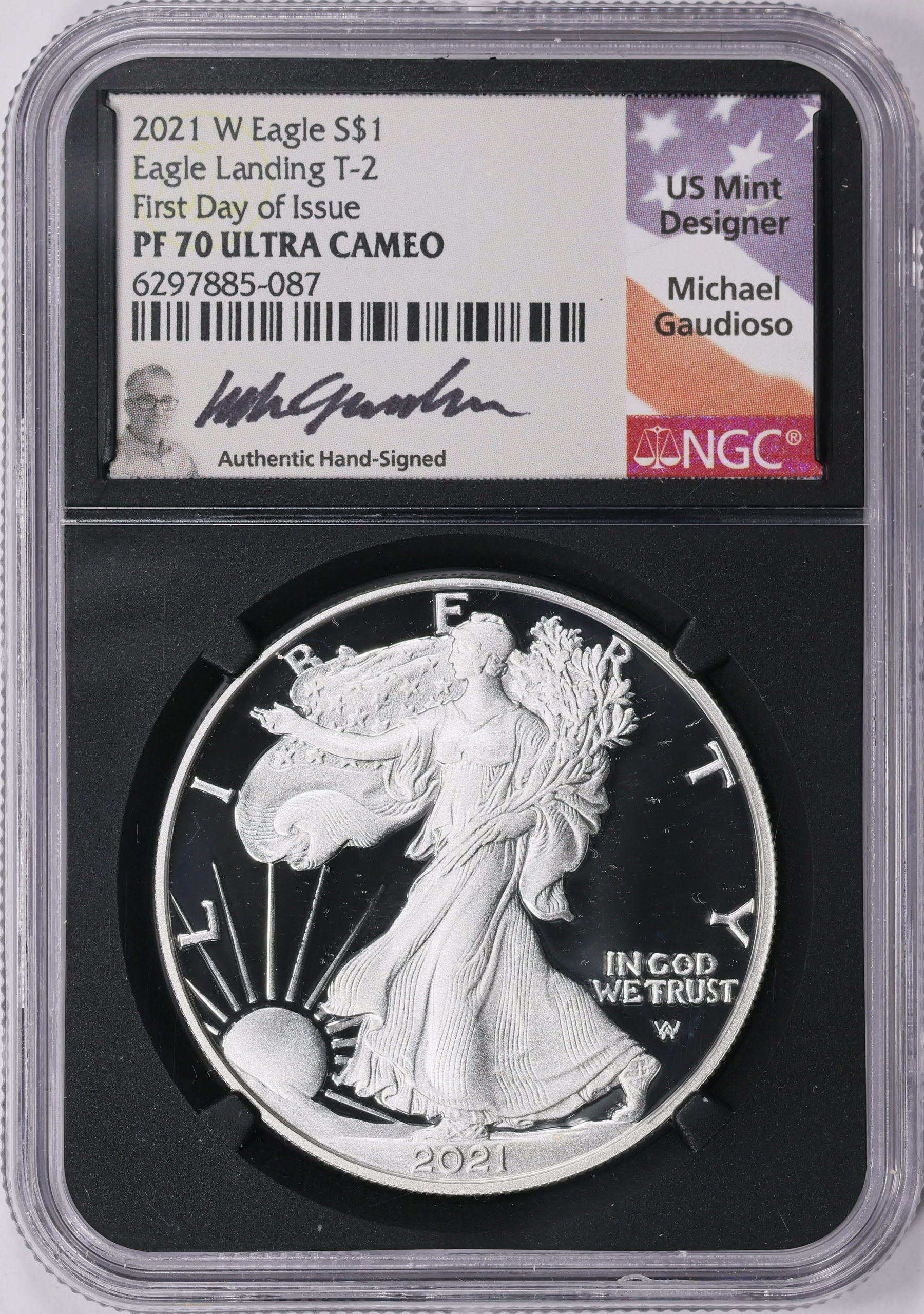2021-W $1 Silver Eagle Type 2 First Day of Issue NGC Proof-70 UC (Michael Gaudioso Signed Label ...