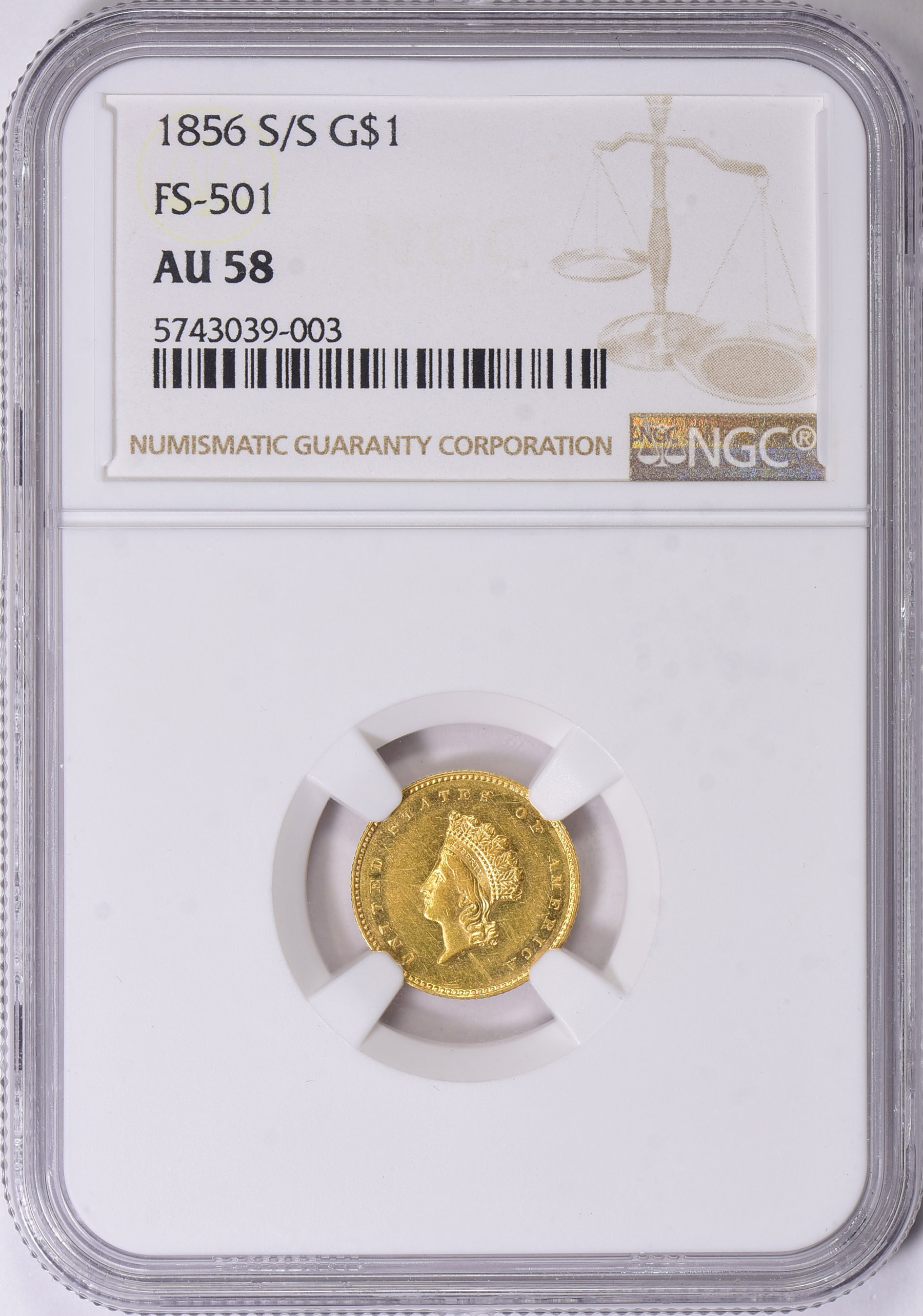 1856-S/S Indian Princess Gold Dollar FS-501 NGC AU-58 (Item 1706868) | GreatCollections Coin ...