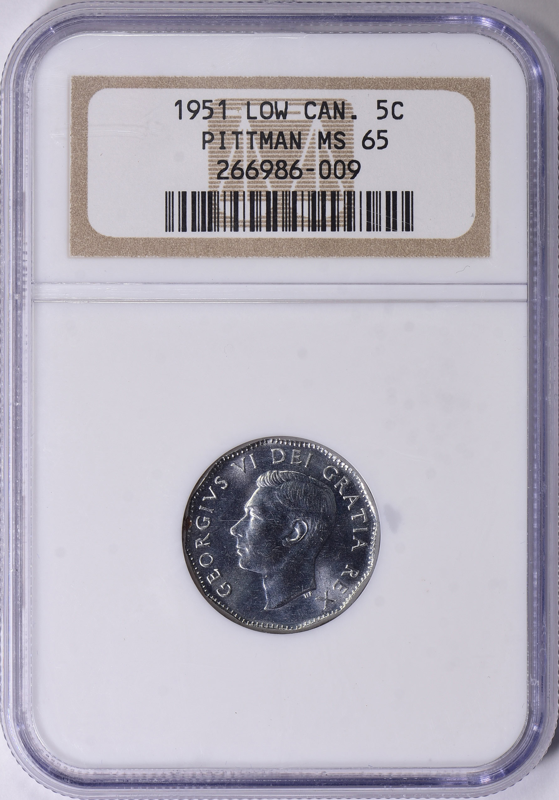 Canada 1951 5 Cents Low Relief KM-42a NGC MS-65 (Ex: Pittman Collection ...