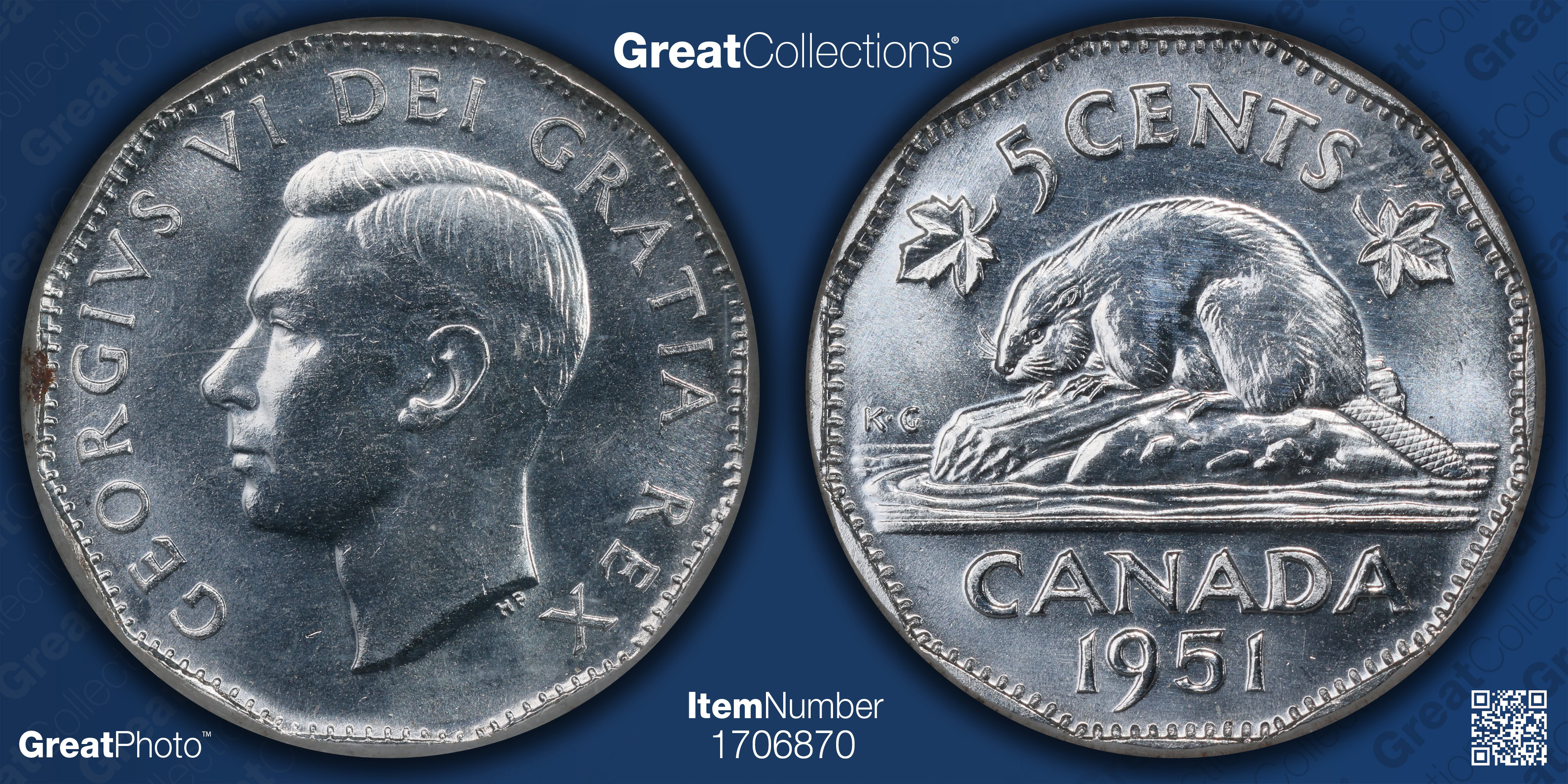 Canada 1951 5 Cents Low Relief KM-42a NGC MS-65 (Ex: Pittman Collection ...
