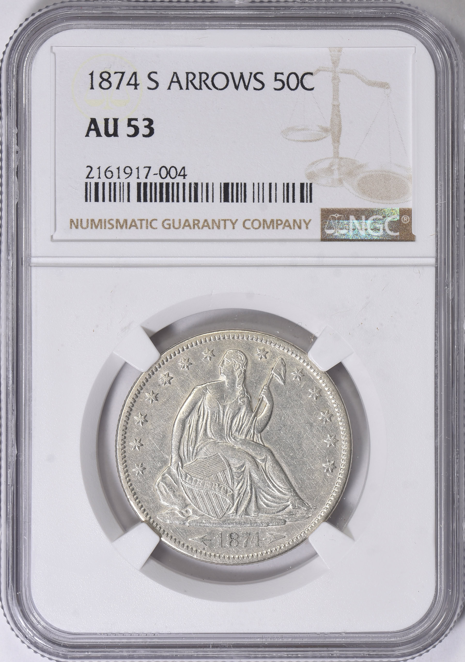 1874-S Seated Liberty Half Dollar Arrows NGC AU-53 (Item 1706882) | GreatCollections Coin Auctions