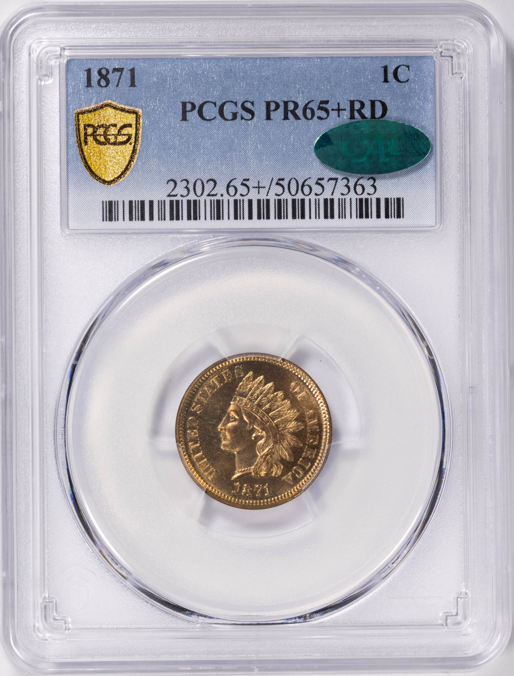 1871 Indian Cent PCGS Proof-65+ RD (CAC Green) (Item 1706950) | GreatCollections Coin Auctions