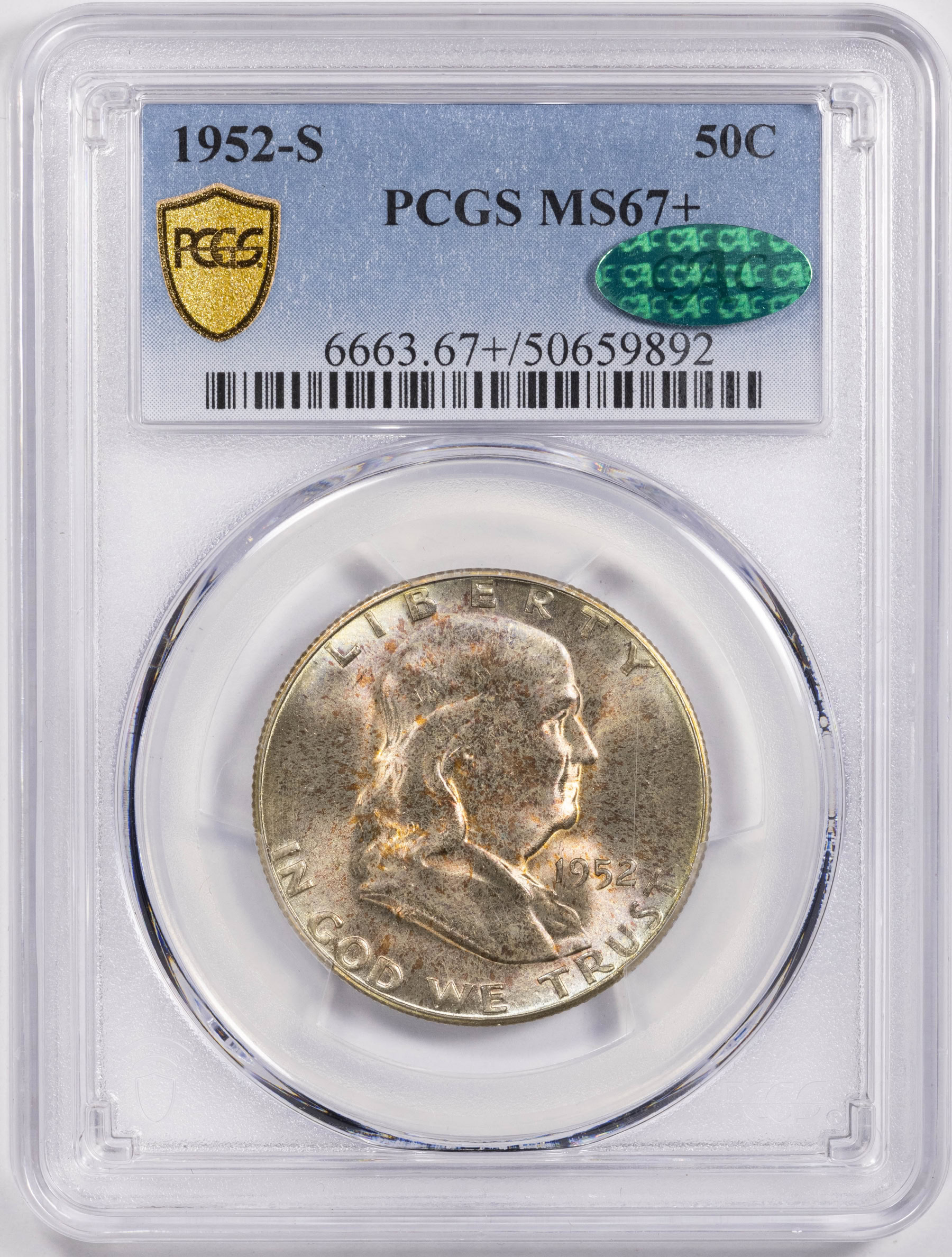 1952-S Franklin Half Dollar PCGS MS-67+ (CAC Green) (Toned) (Item ...