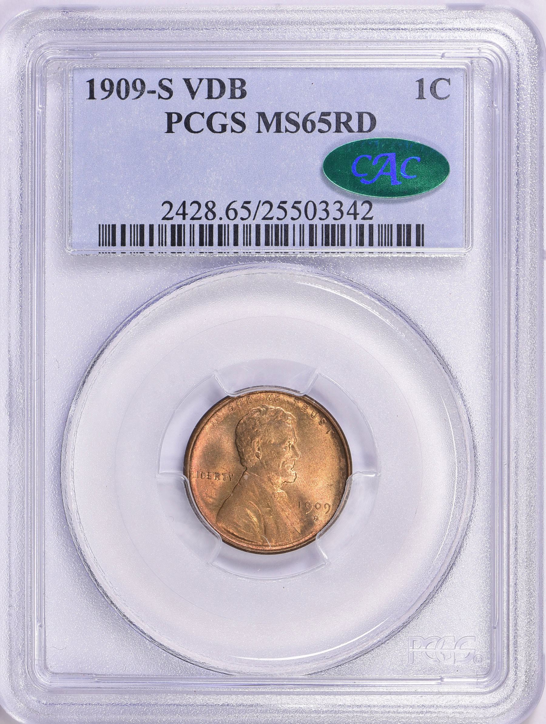 1909-S Lincoln Cent V.D.B. PCGS MS-65 RD (CAC Green) (Item 1707435) | GreatCollections Coin Auctions