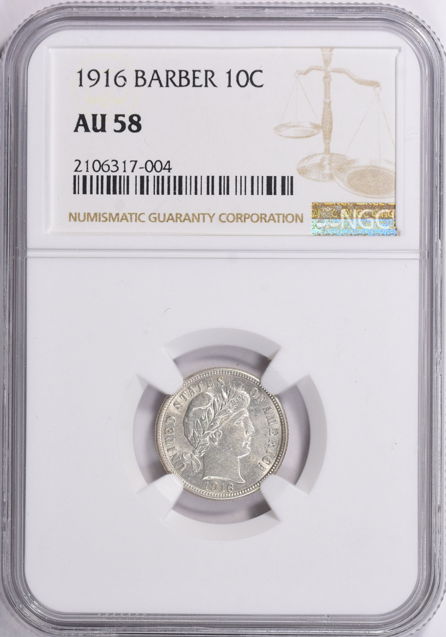 1916 Barber Dime NGC AU-58 (Item 1707446) | GreatCollections Coin Auctions