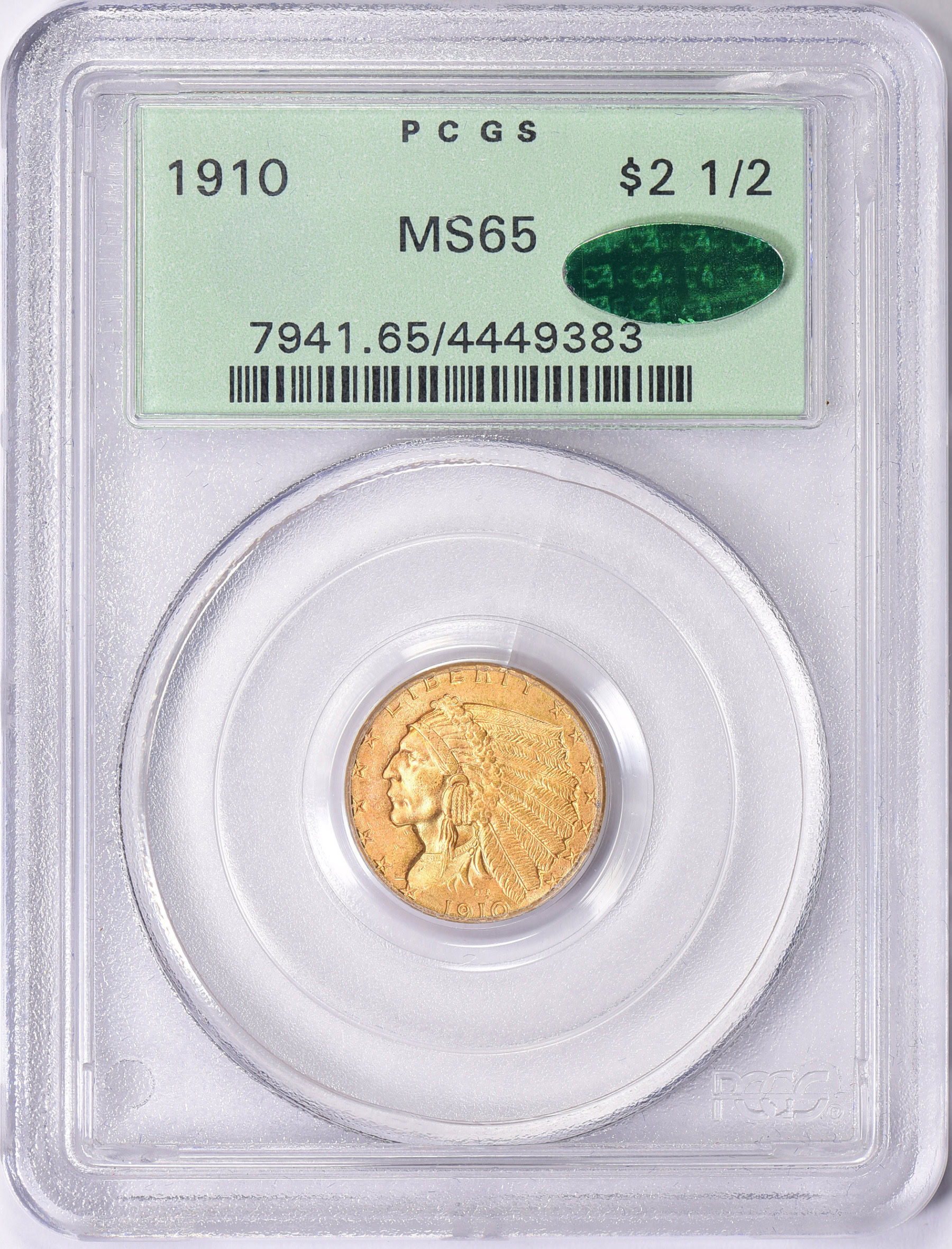 1910 Indian Gold Quarter Eagle PCGS MS-65 (CAC Green) OGH (Item 1707607) | GreatCollections Coin ...