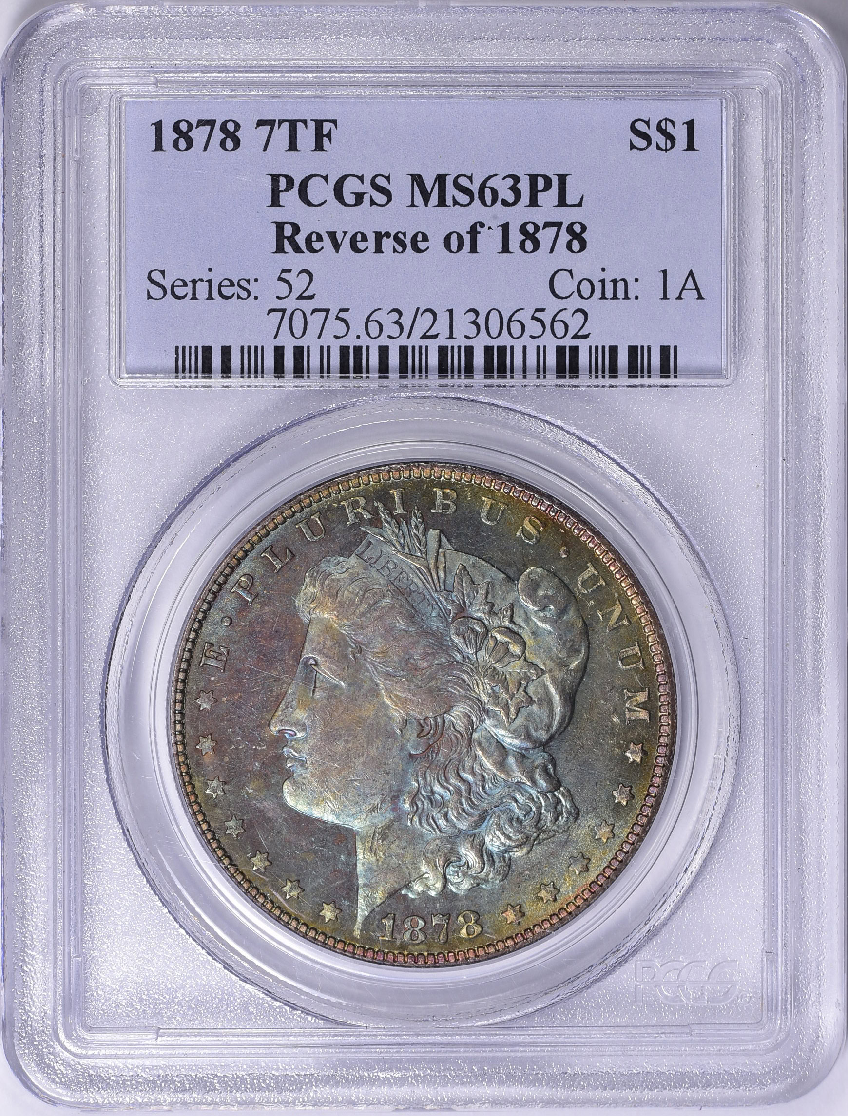 1878 Morgan Silver Dollar 7 Tailfeathers, Reverse of 1878 PCGS MS-63 PL (Toned) (Item 1707674 ...