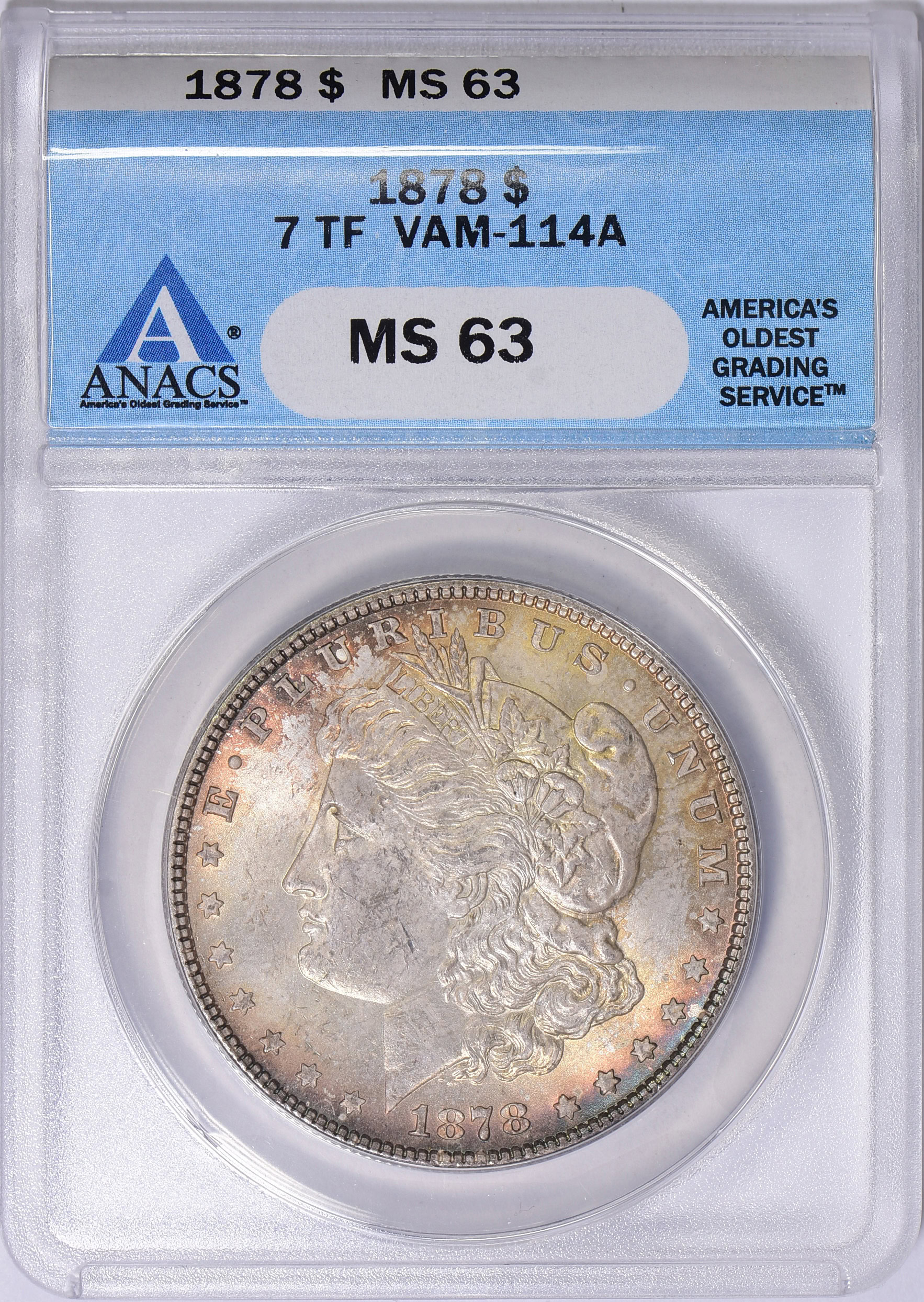 1878 Morgan Silver Dollar 7 Tailfeathers, VAM-114A ANACS MS-63 (Toned) (Item 1707960 ...