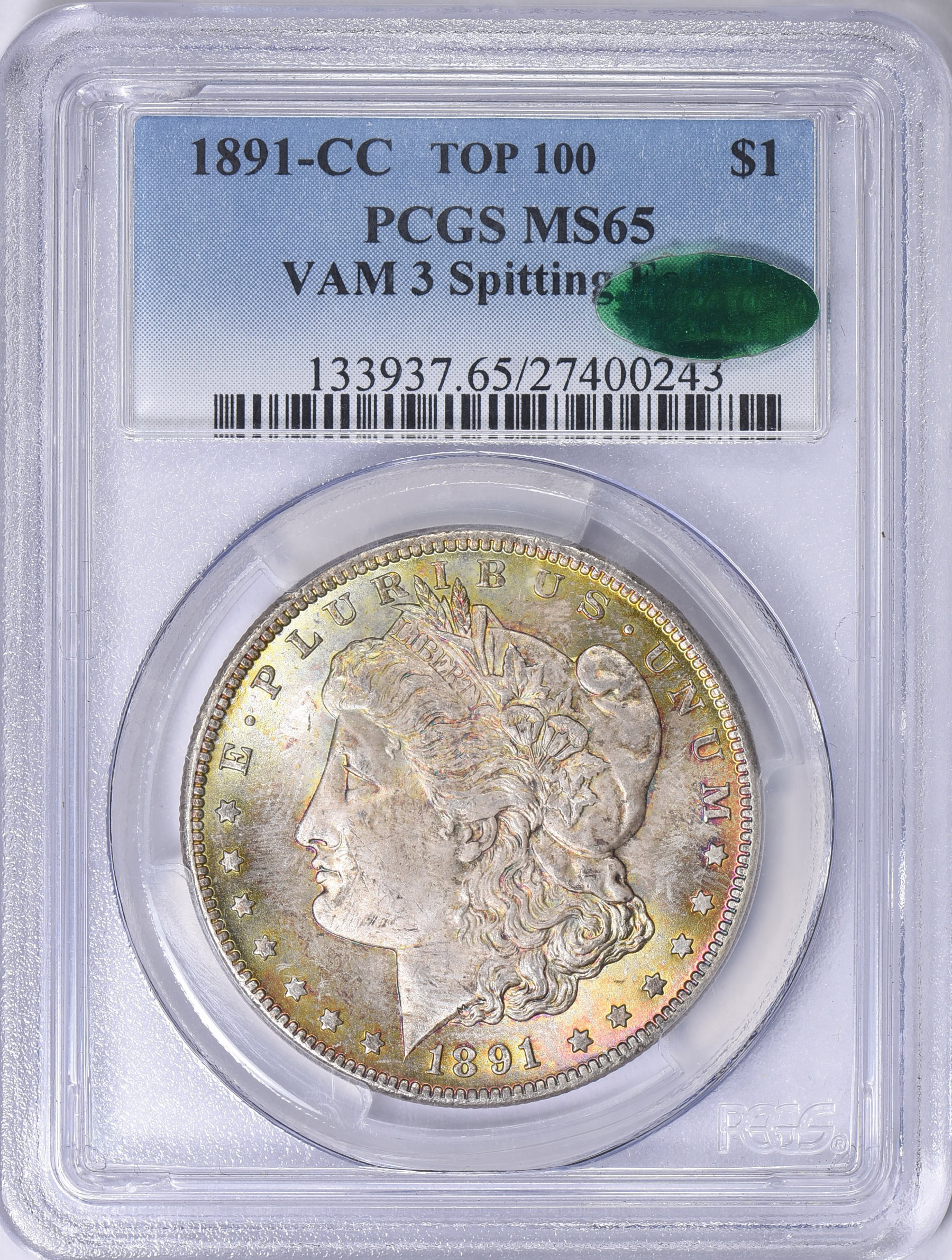 1891-CC Morgan Silver Dollar VAM-3 Spitting Eagle Top 100 PCGS MS-65 (CAC Green) (Toned) (Item ...